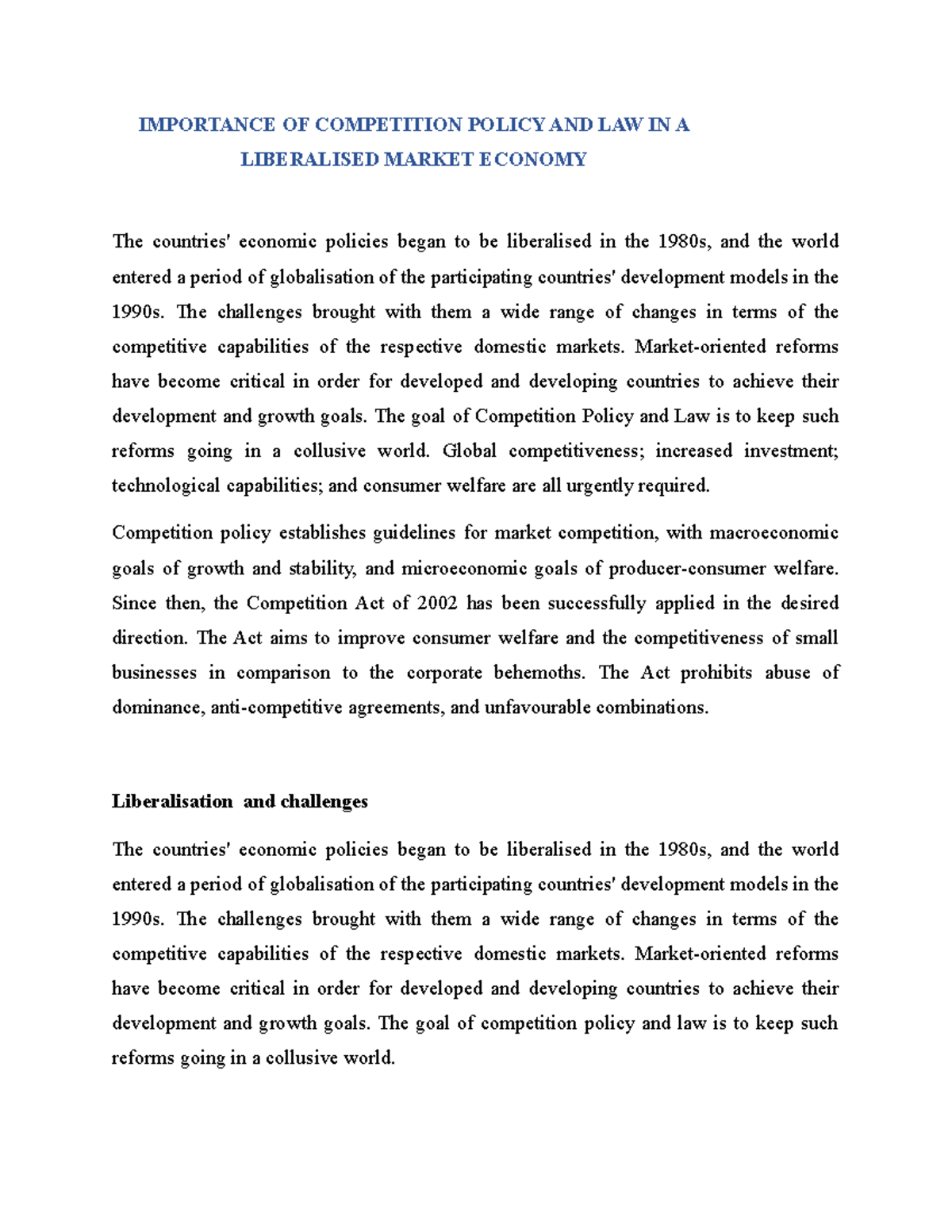 Importance of Competition Policy and Law in a Liberalised Market ...
