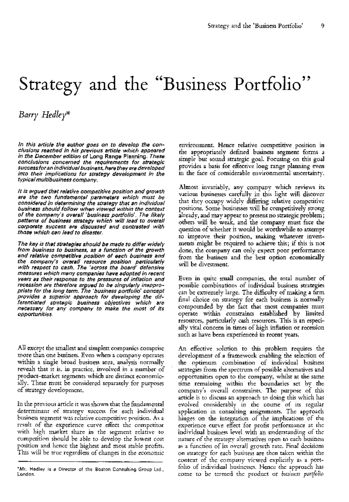 BCG Matrix - Strategy and the ‘Business Portfolio’ 9 zyxwvuts Strategy ...