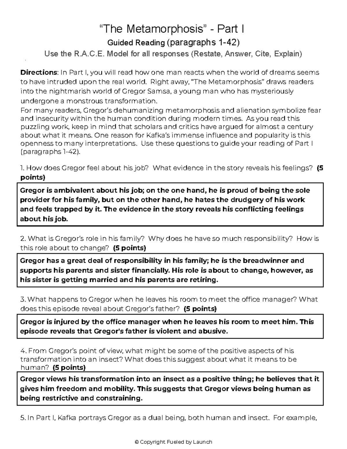 Copy of The Metamorphosis Part I - Guided Reading - “The Metamorphosis ...