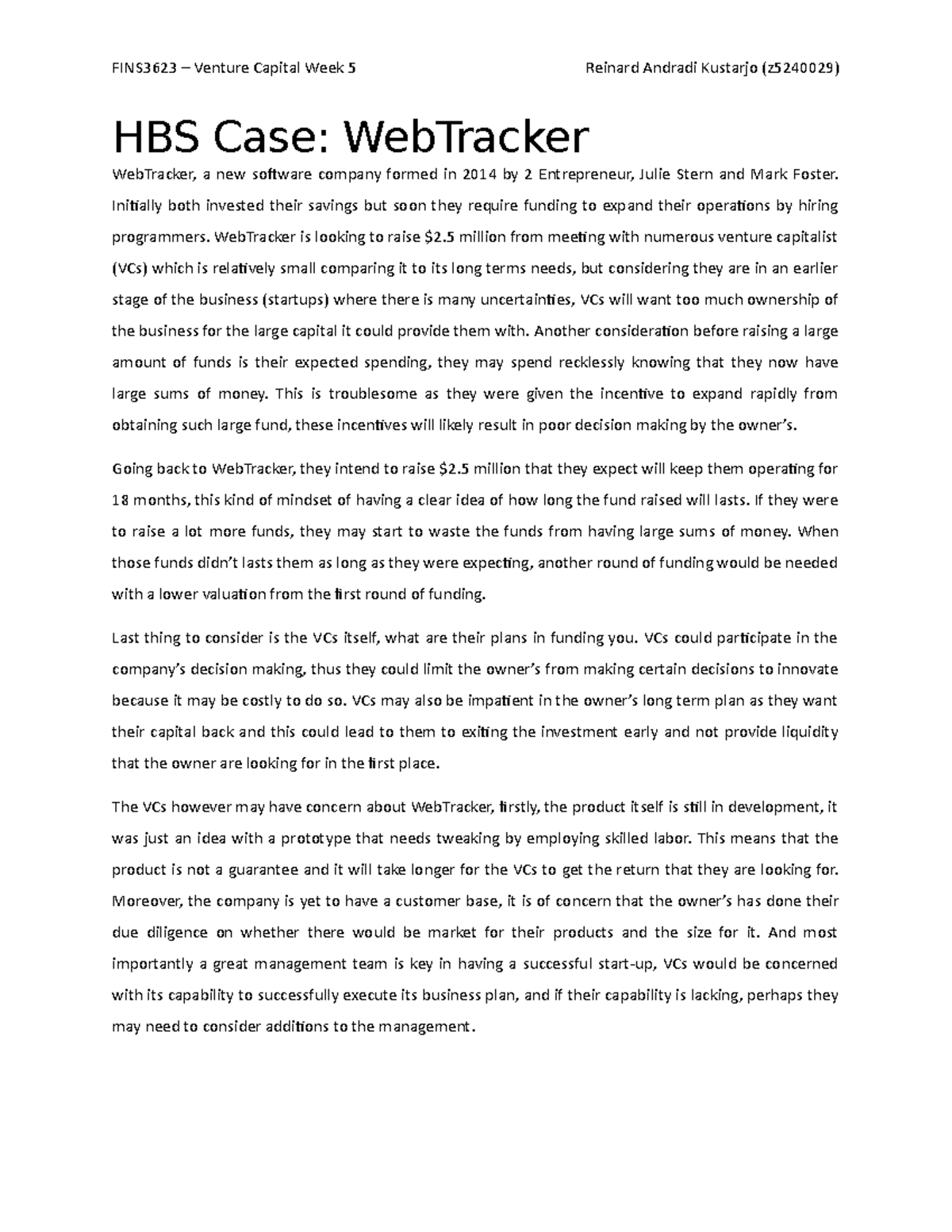 Week 5 Homework - HBS: Webtracker Case - FINS3623 – Venture Capital Week 5 Reinard Andradi ...