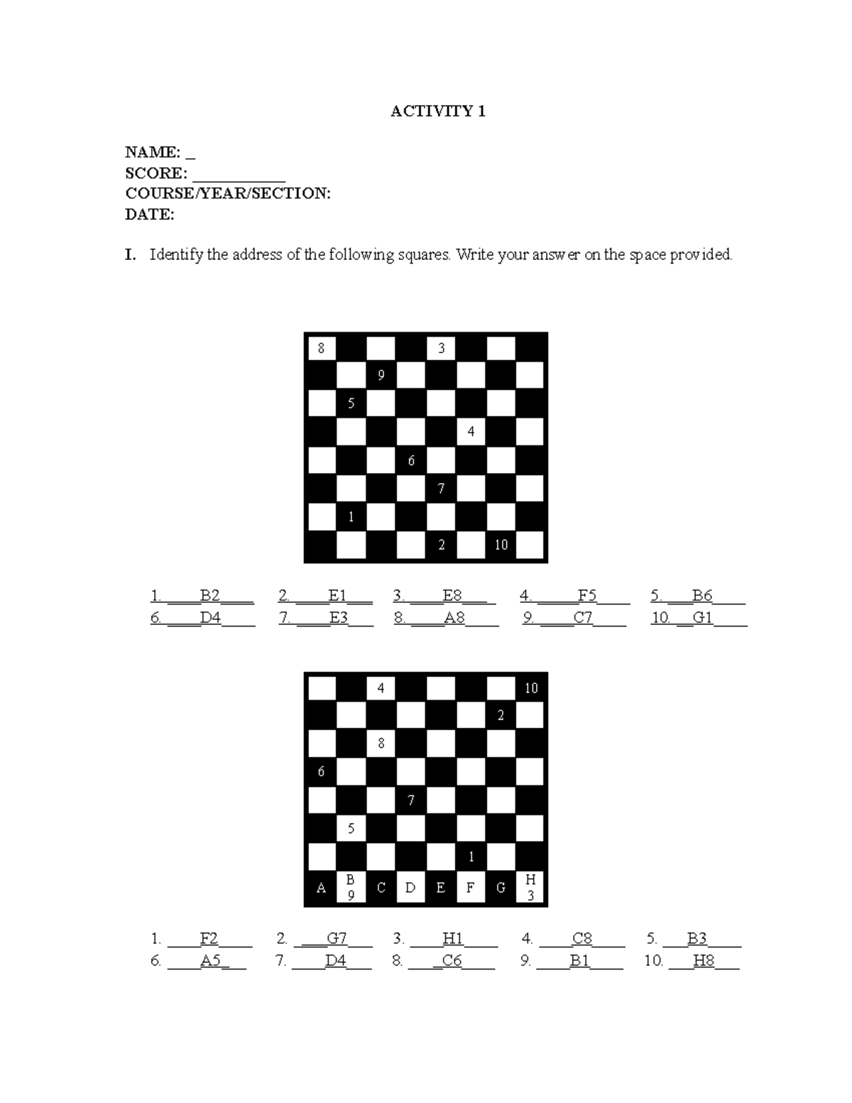 Chess Activity 1 - PATHFIT 3 - ACTIVITY 1 NAME: SCORE ...