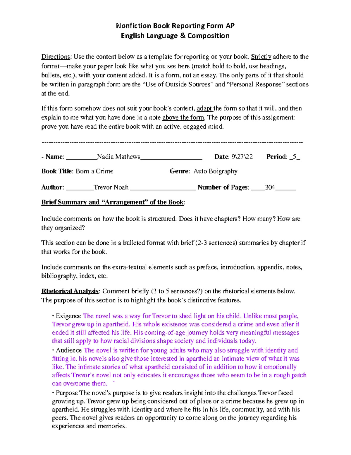 Nonfiction Book Report Form - Strictly adhere to the format—make your ...