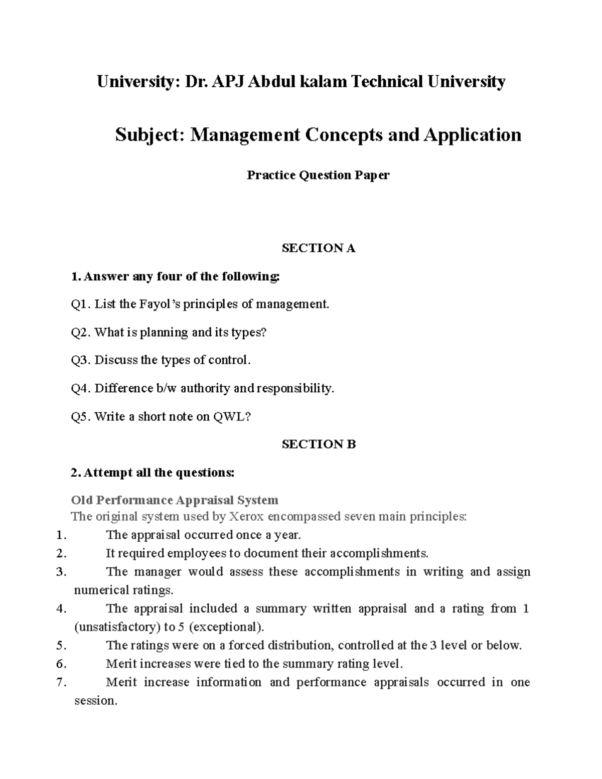 Management concepts & Application practice question paper - University ...