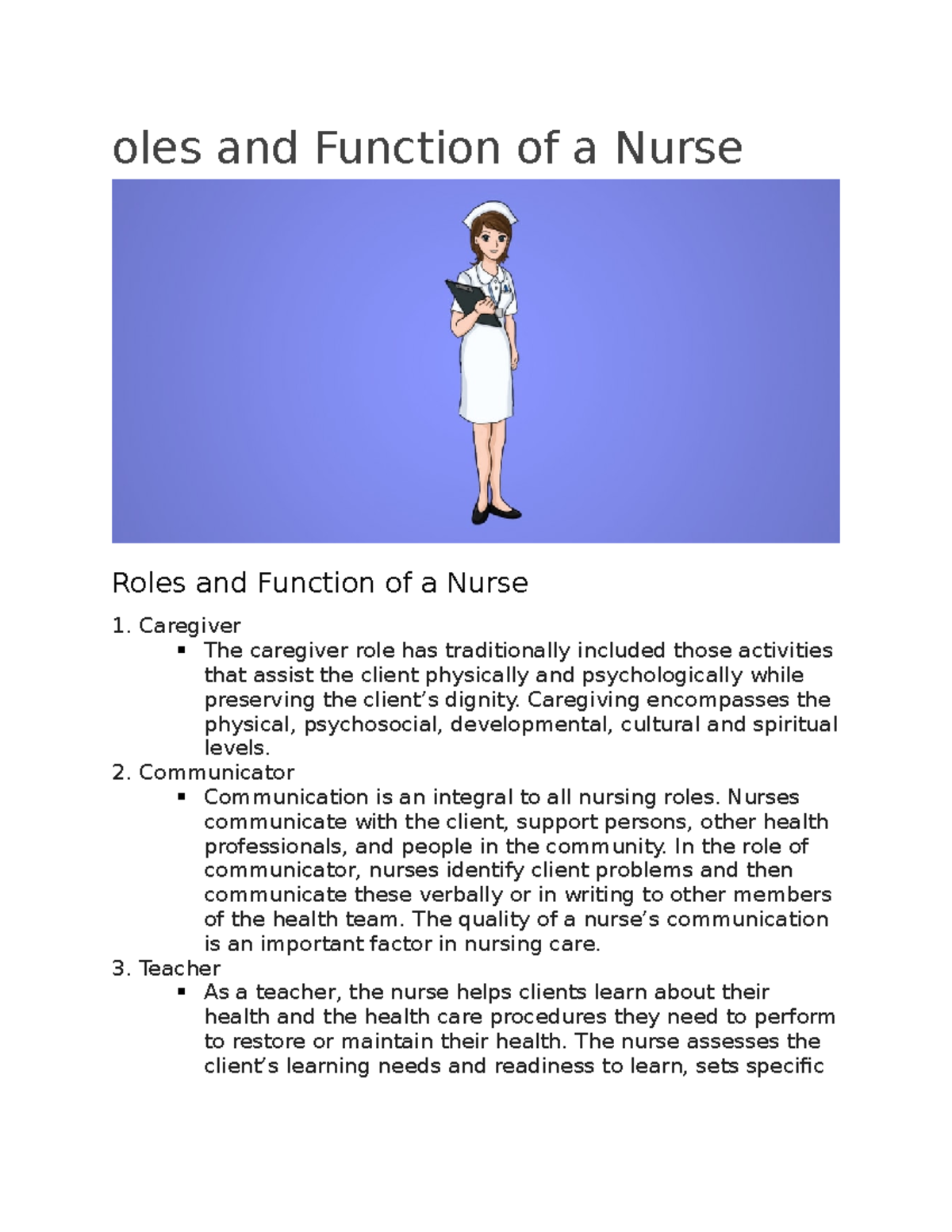 Oles and Function of a Nurse - oles and Function of a Nurse Roles and ...