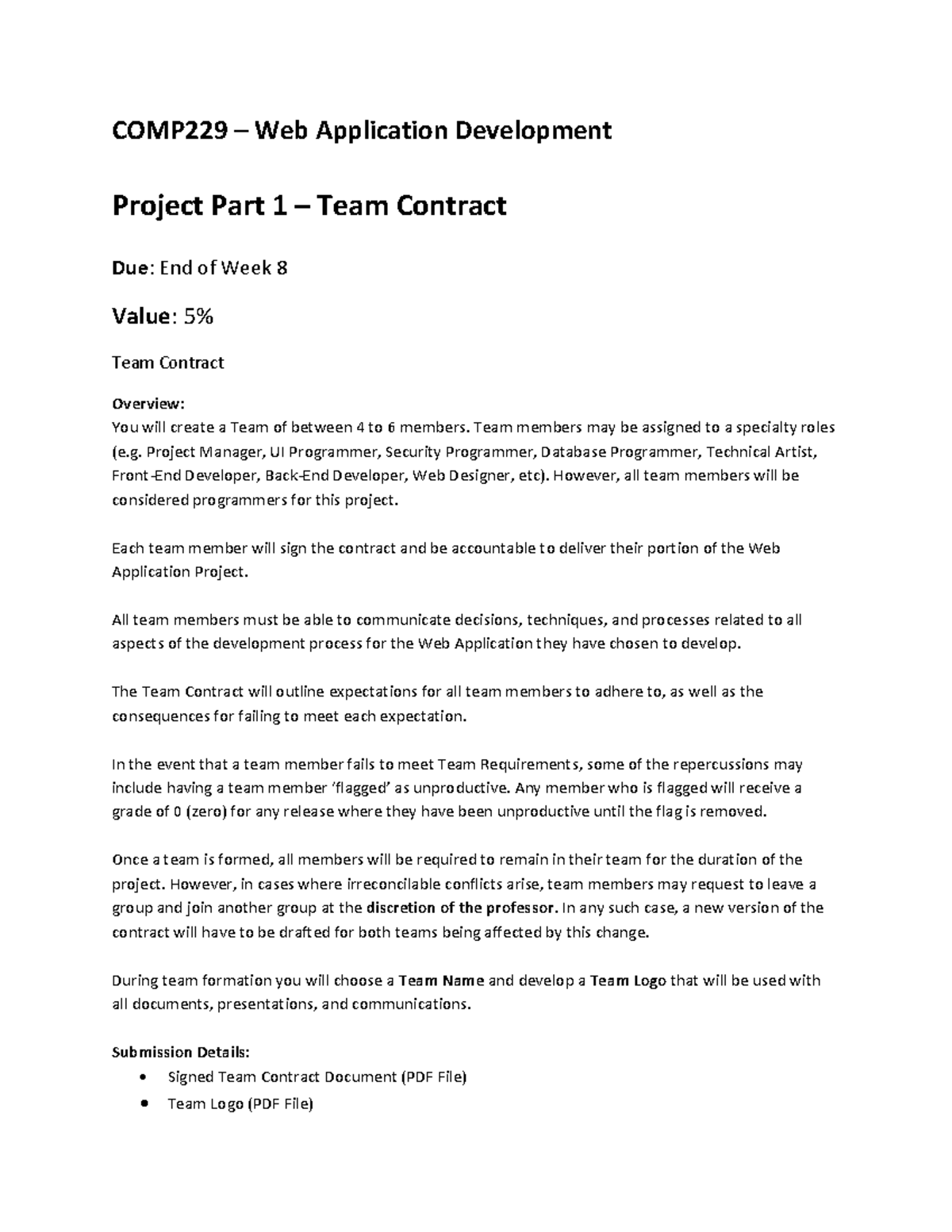 Project Part 1 - Team Contract - COMP229 – Web Application Development Project Part 1 – Team ...