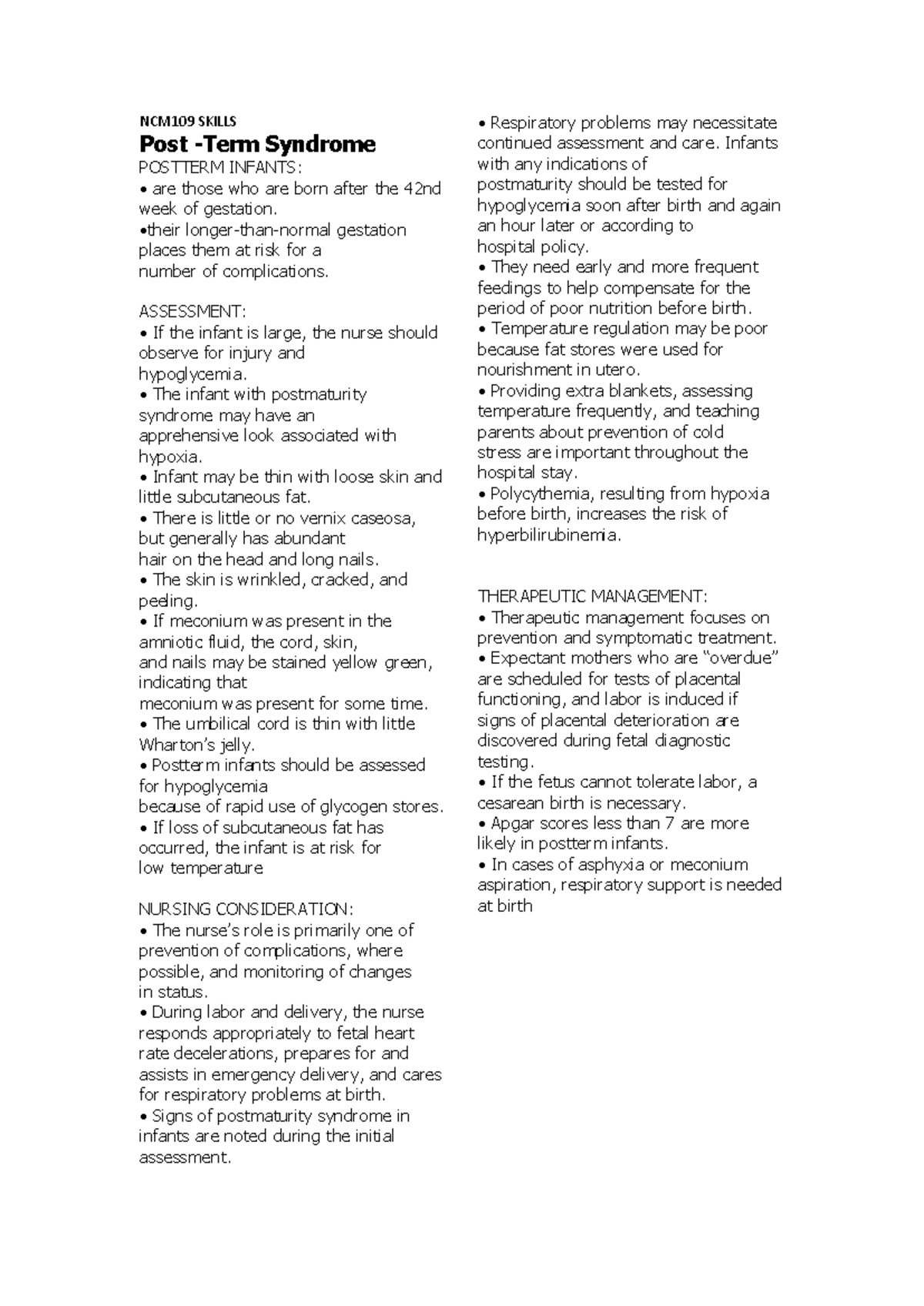 NCM109- Skills- Finals - NCM109 SKILLS Post -Term Syndrome POSTTERM ...