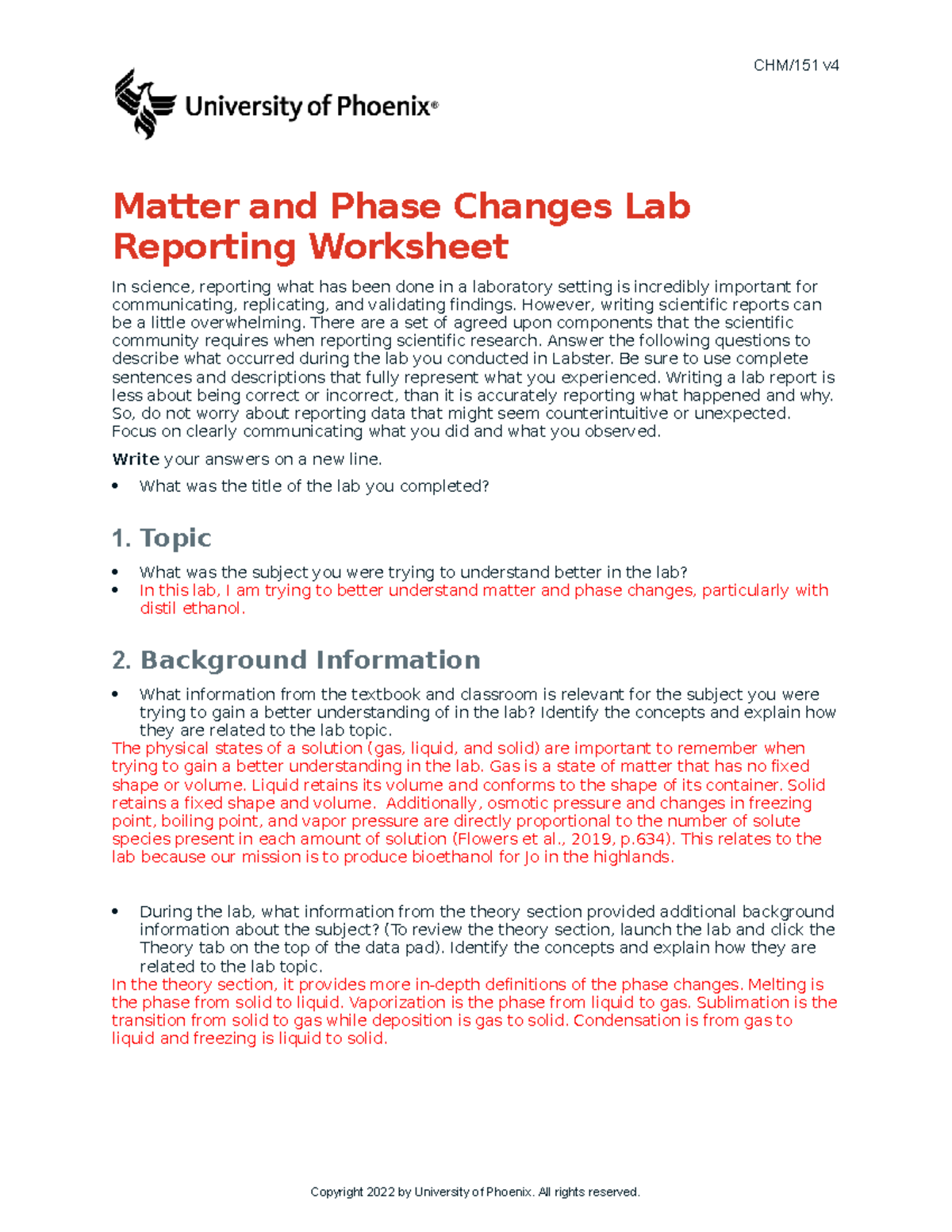 week 1 lab report - CHM/151 v Matter and Phase Changes Lab Reporting Worksheet In science ...
