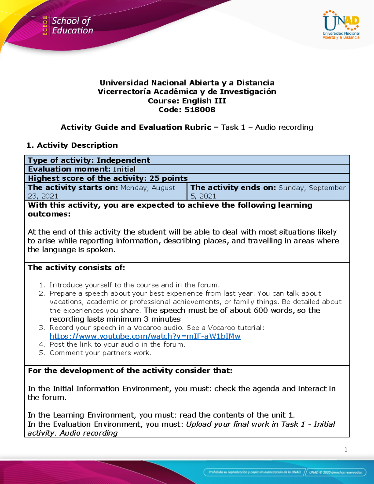 Activity guide and evaluation rubric - Task 1 - Audio Recording ...