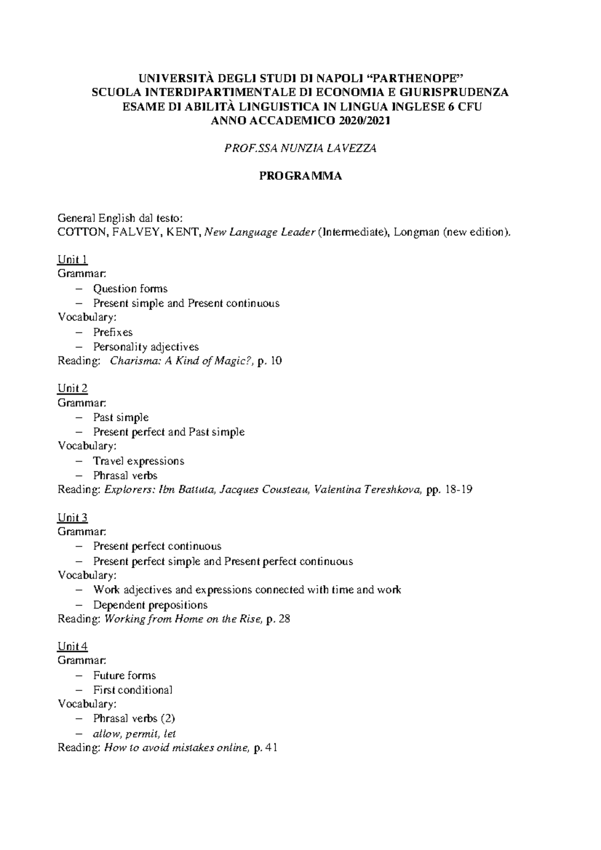 Programma dettagliato abilità linguistica inglese Prof.ssa Lavezza 2020 ...