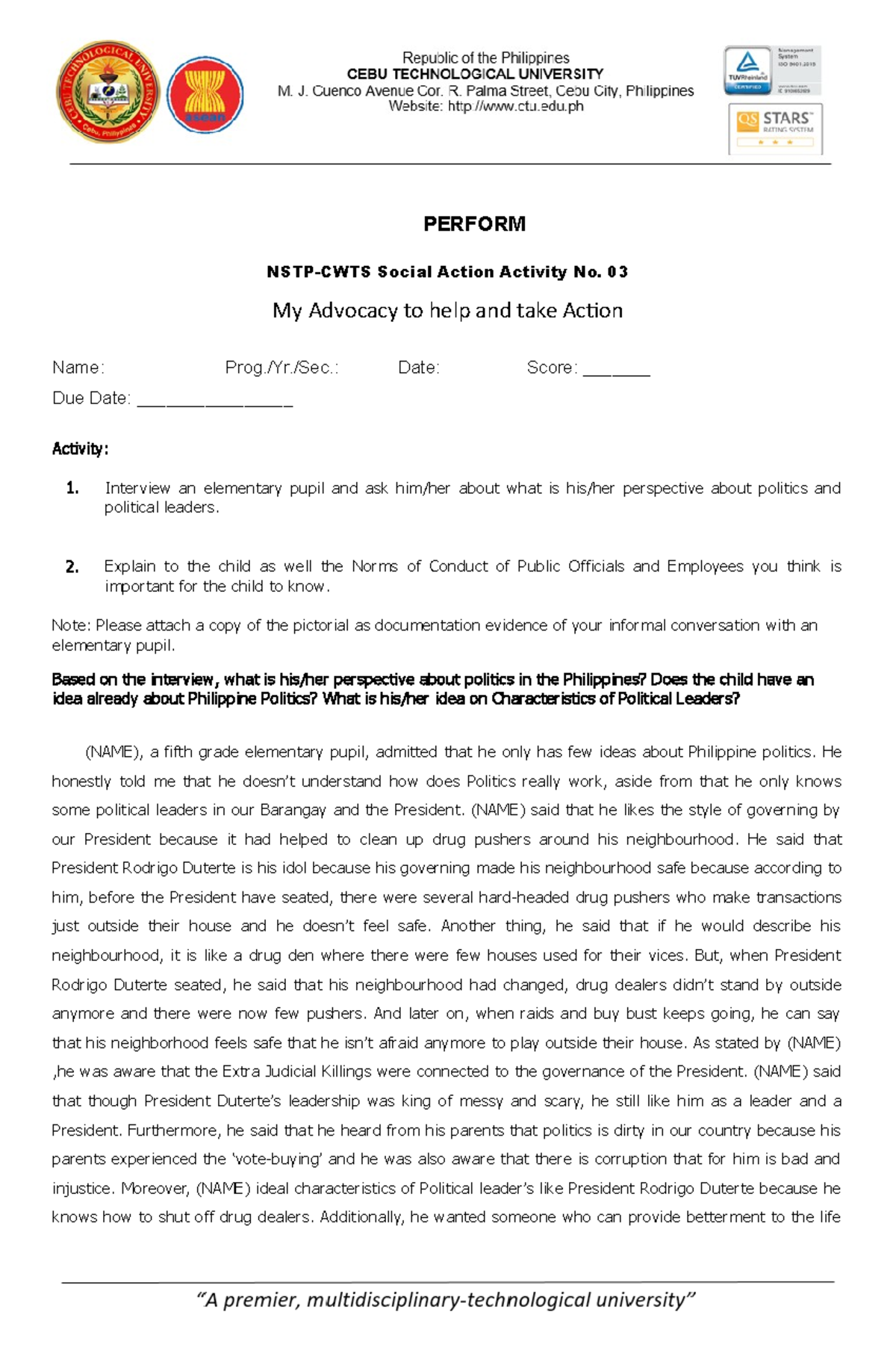M3 - Activity No. 3 - National Service Training Program 1 - CTU - Studocu