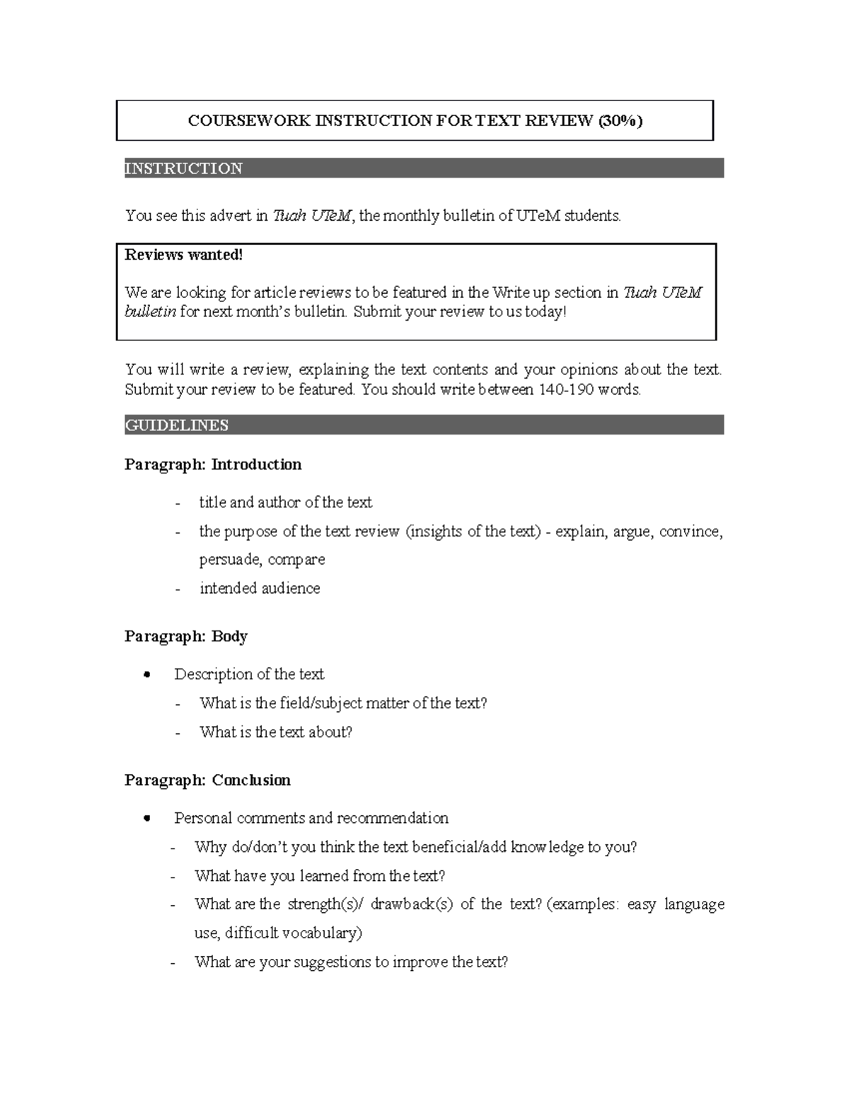 Text Review Instruction - COURSEWORK INSTRUCTION FOR TEXT REVIEW (30% ...