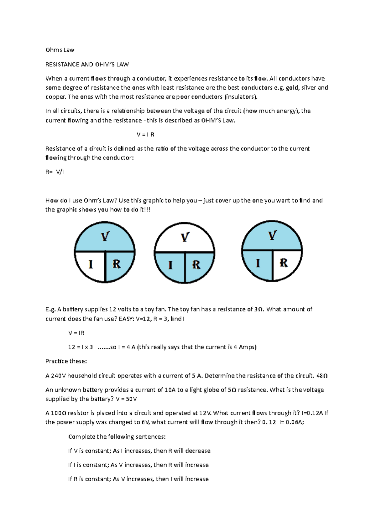 6. Ohms Law simple circuits - Ohms Law RESISTANCE AND OHM’S LAW When a ...