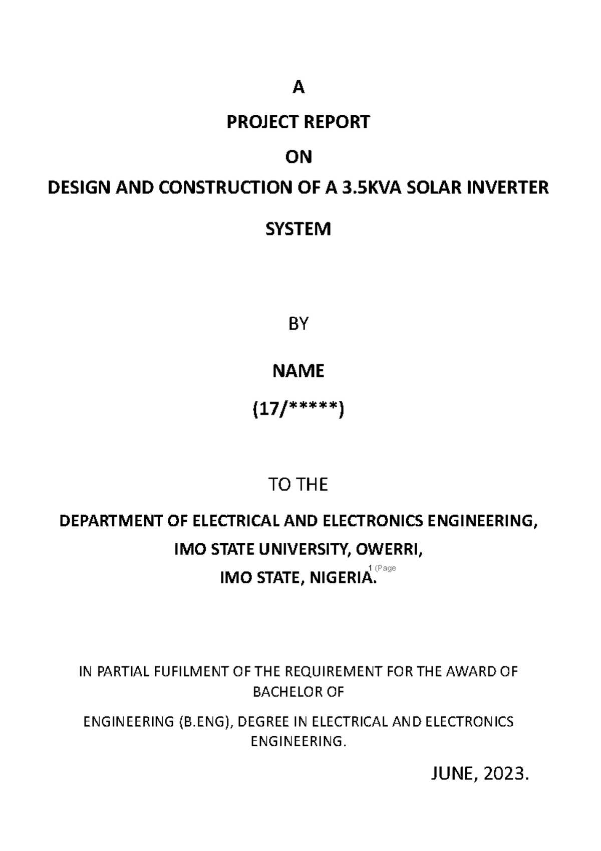 Seminar ON 3.5KVA Solar-3 - A PROJECT REPORT ON DESIGN AND CONSTRUCTION ...