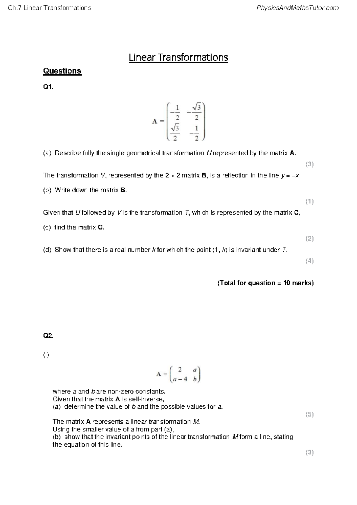 Linear Transformations - Linear Transformations Questions Q1. (a ...