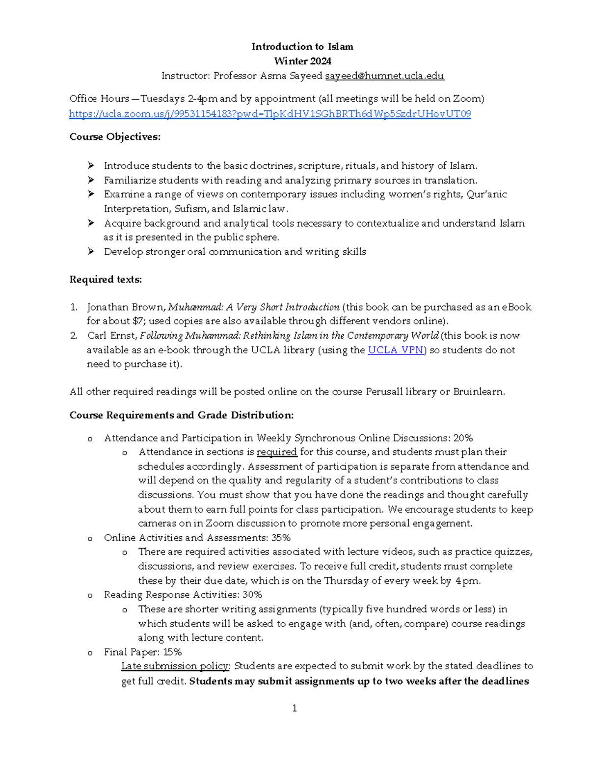 Islamic studies syllabus - Introduction to Islam Winter 2024 Instructor ...