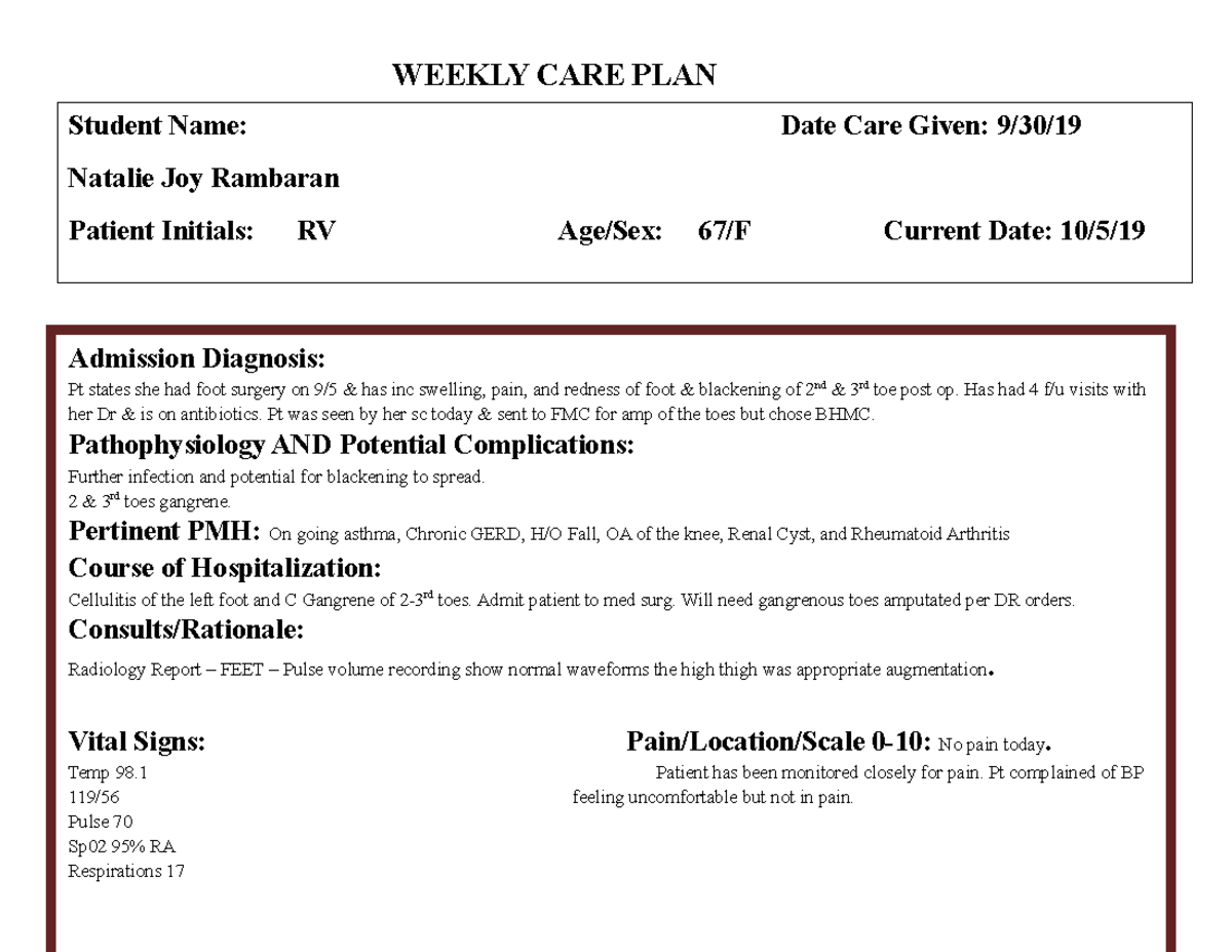Weekly Care Plam week 6 - WEEKLY CARE PLAN Student Name: Date Care ...