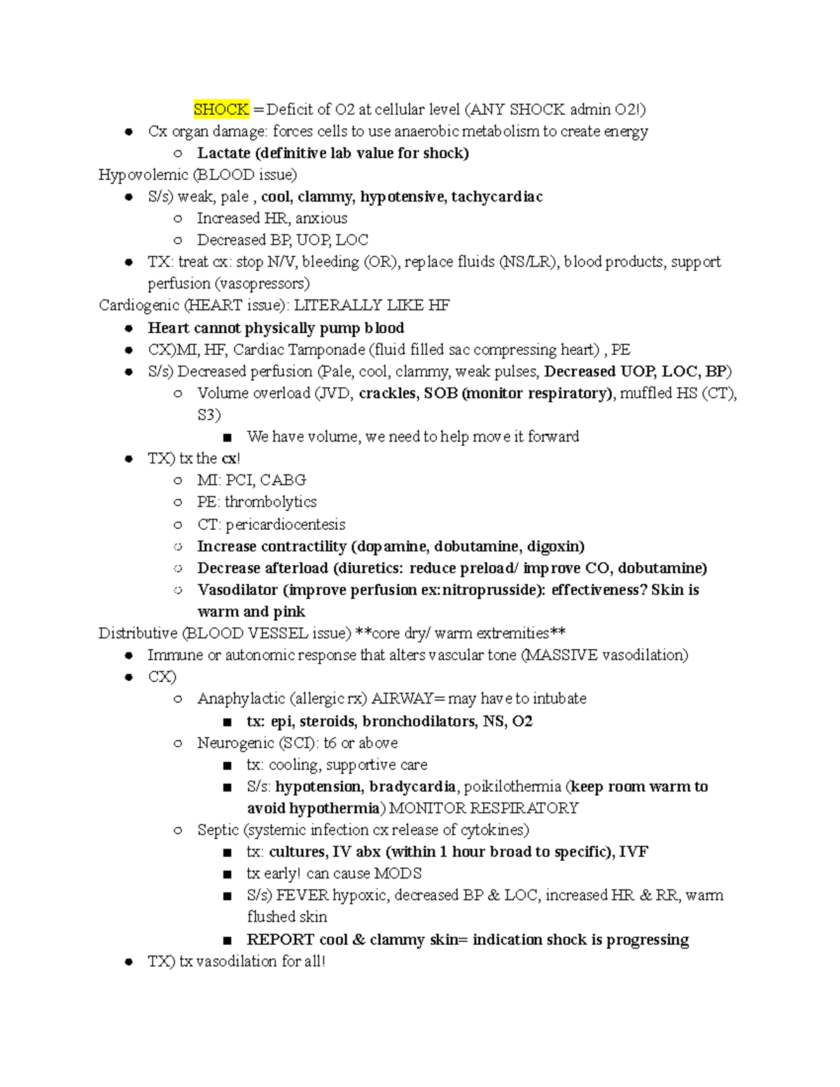 NSG430 condensed exam 4 notes - SHOCK = Deficit of O2 at cellular level ...