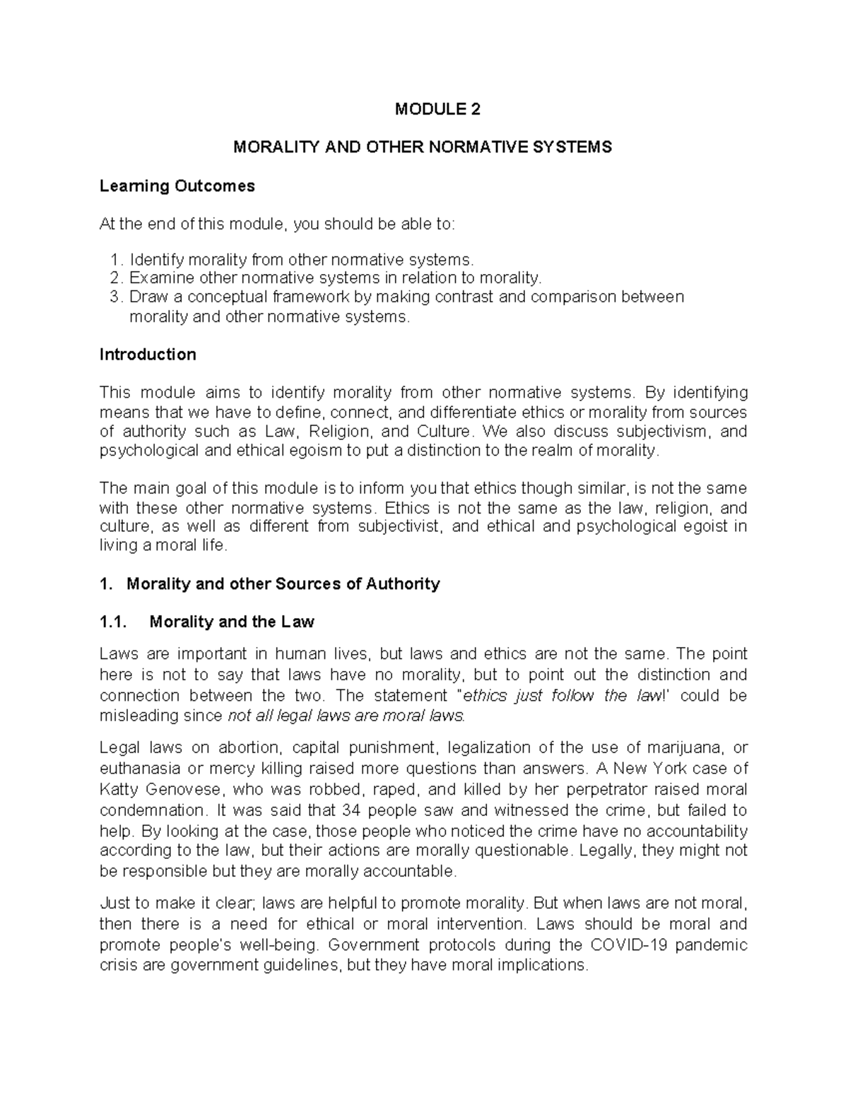Module 2 - Morality and other Normative Systems - MODULE 2 MORALITY AND ...