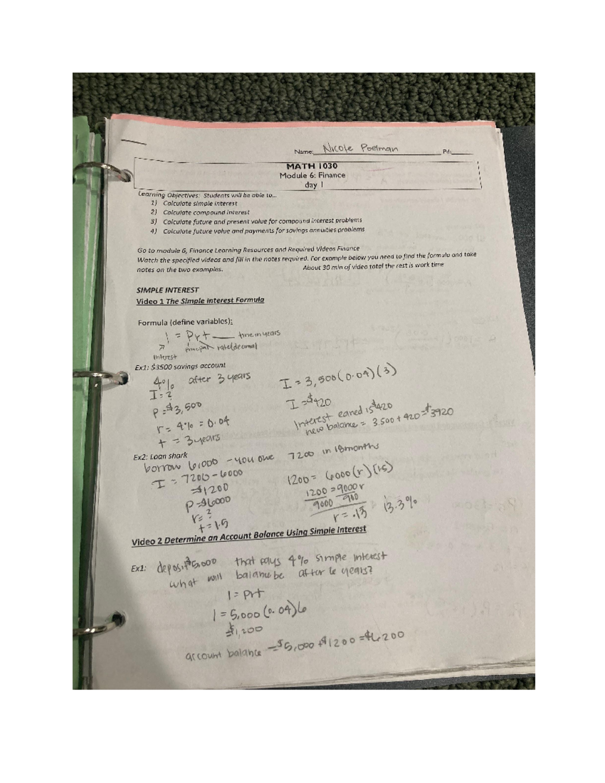 Math 1030 Finance - 1) Calculate simple interest 2) Calculate compound ...