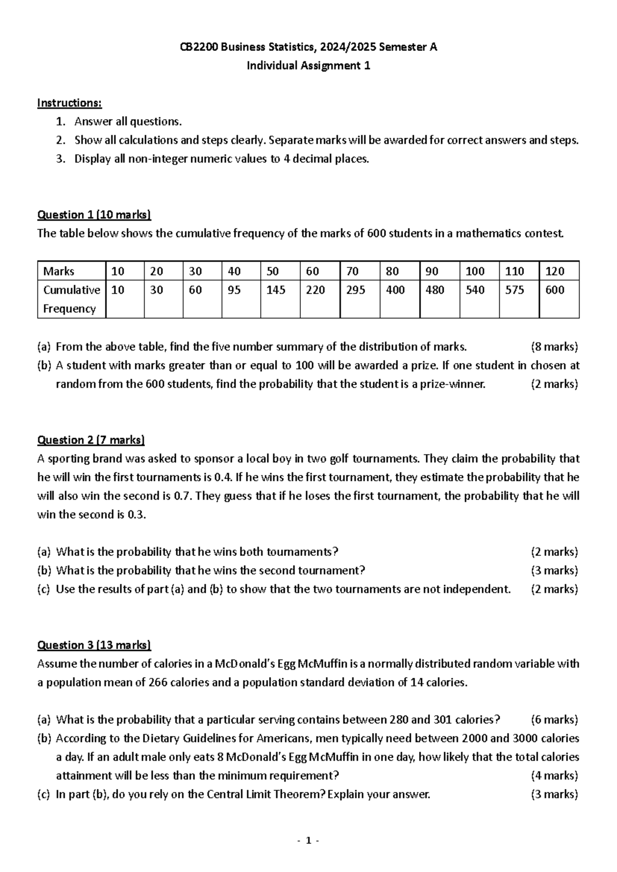 CB2200 Assignment 1 Questions - 1 - CB2200 Business Statistics, 2024/ ...