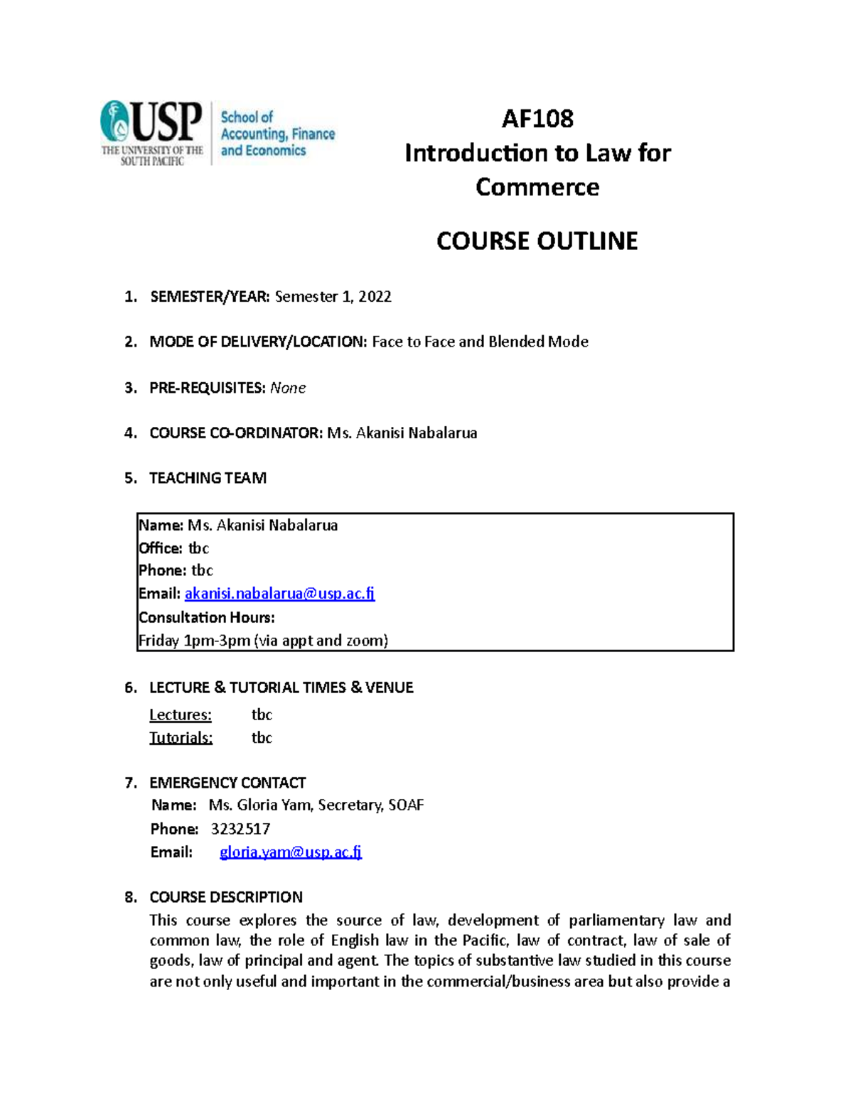 AF 108 S1 2022 Course Outline Draft - AF Introduction to Law for ...