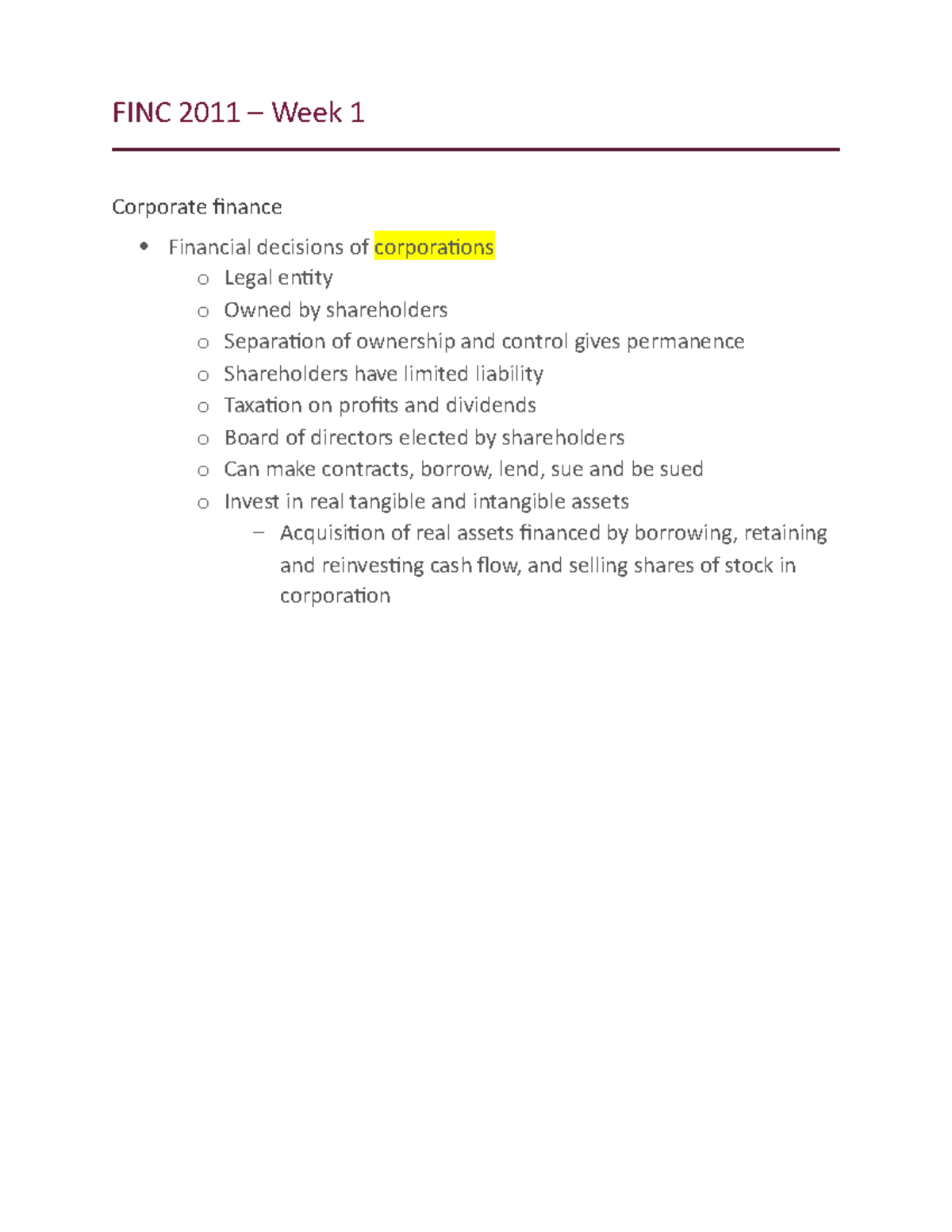 FINC 2011 – Week 1 - Lecture note 1 - FINC 2011 Week 1 Corporate ...