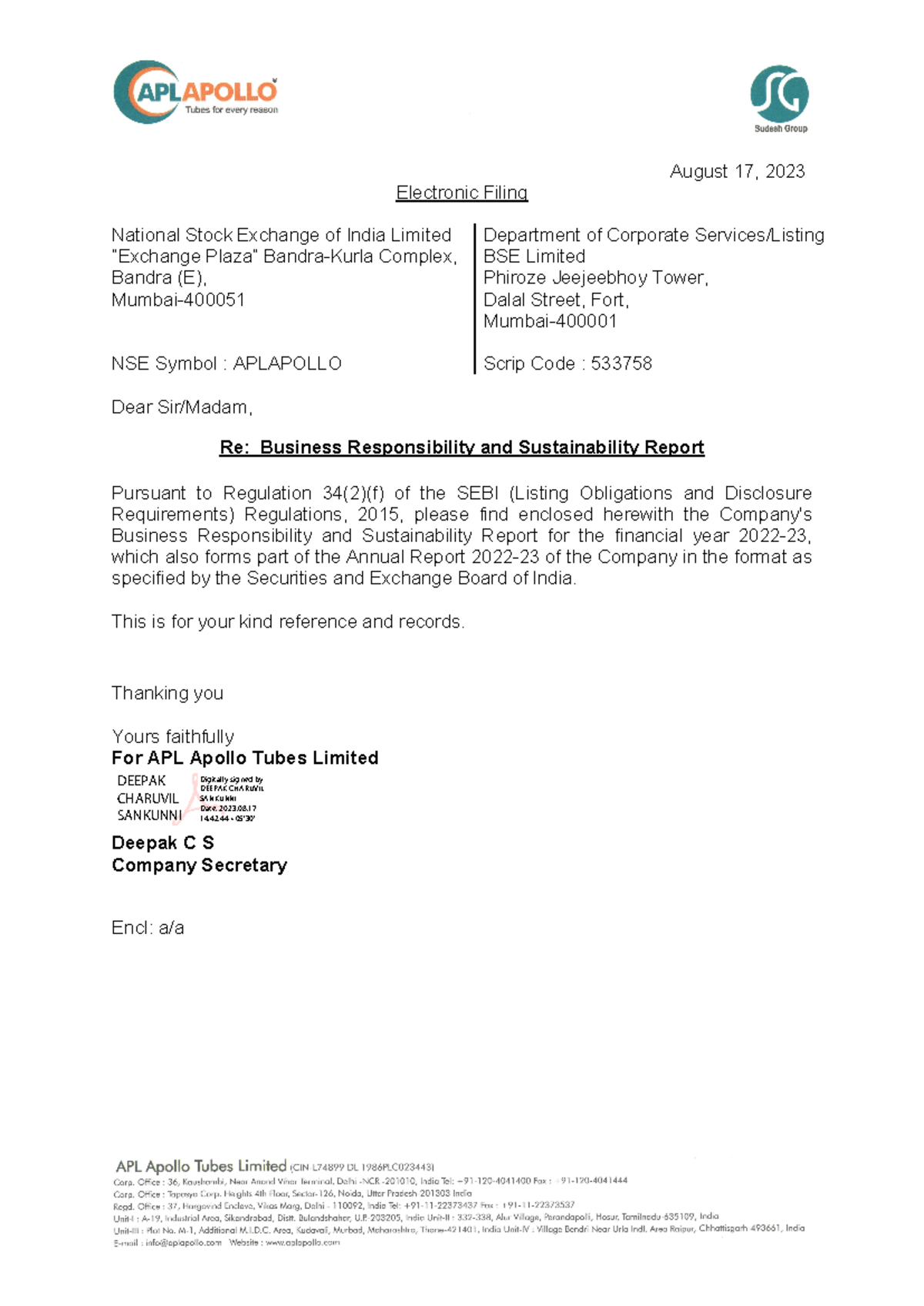 Appolo bsr report - August 17, 2023 Electronic Filing National Stock ...