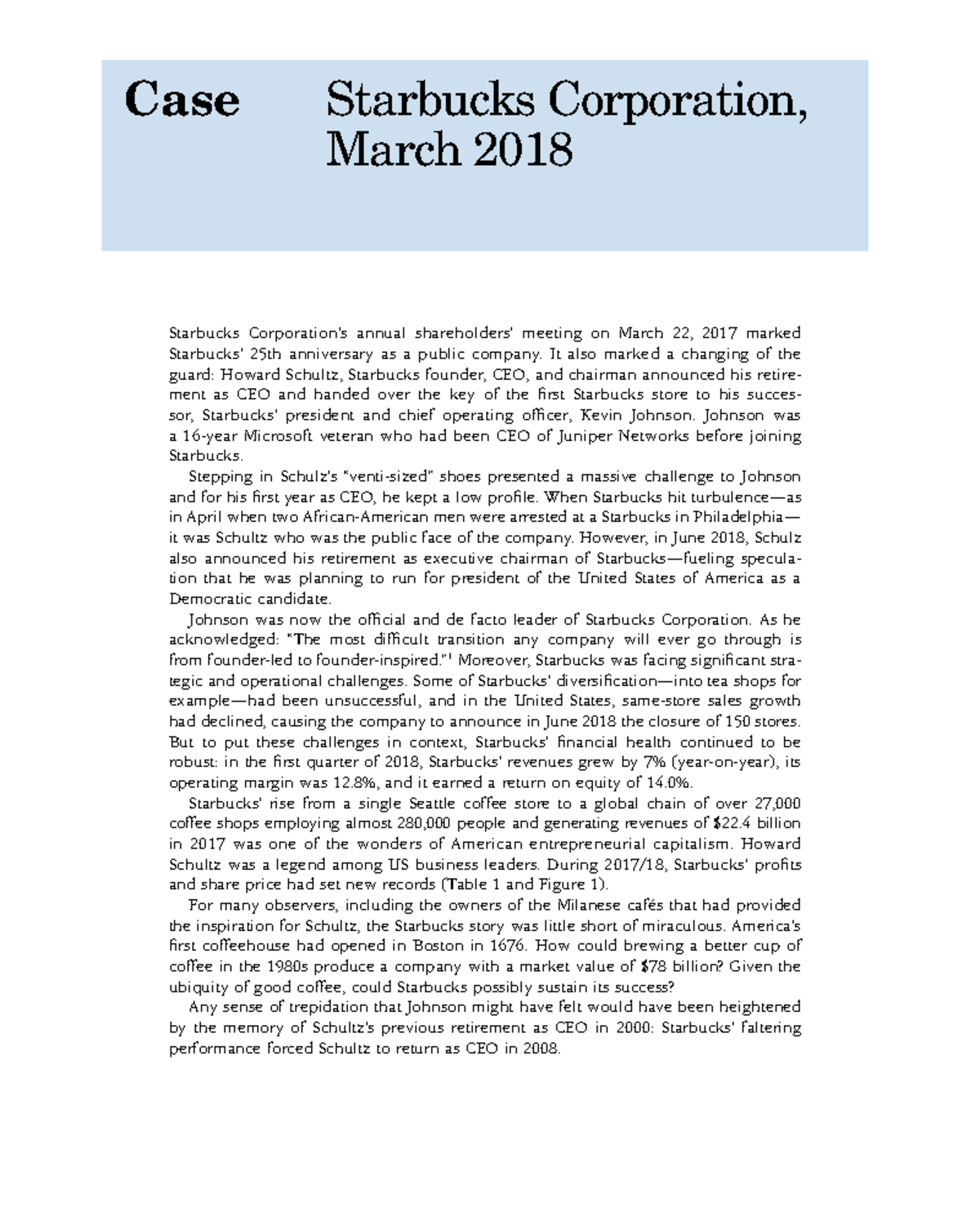Starbucks Corporation, March 2018 - Case Starbucks Corporation, March ...