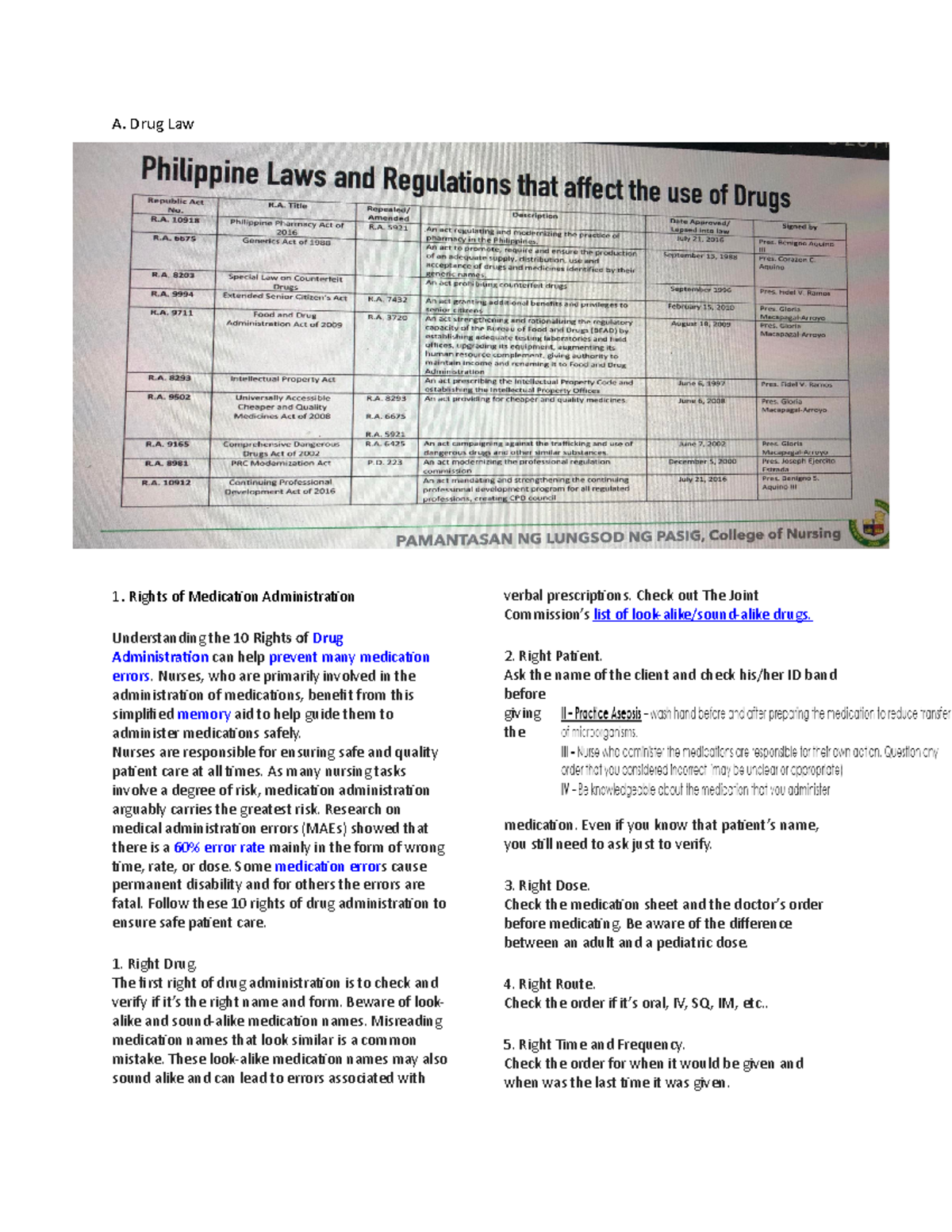 Pharma oral revalida - Reviewer - A. Drug Law 1. Rights of Medication ...