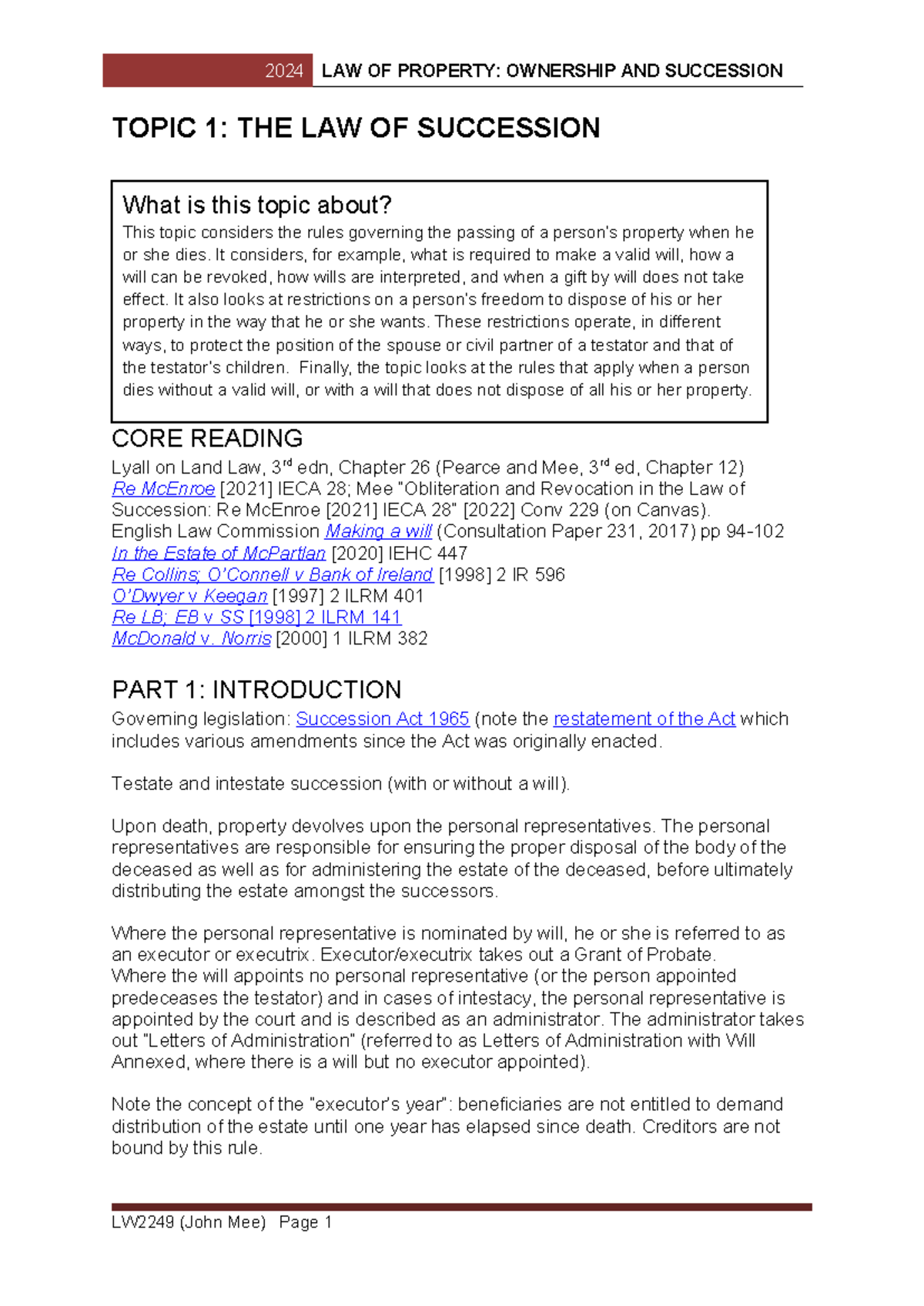 LW2249 Topic 1 Succession 2024 - TOPIC 1 : THE LAW OF SUCCESSION CORE ...