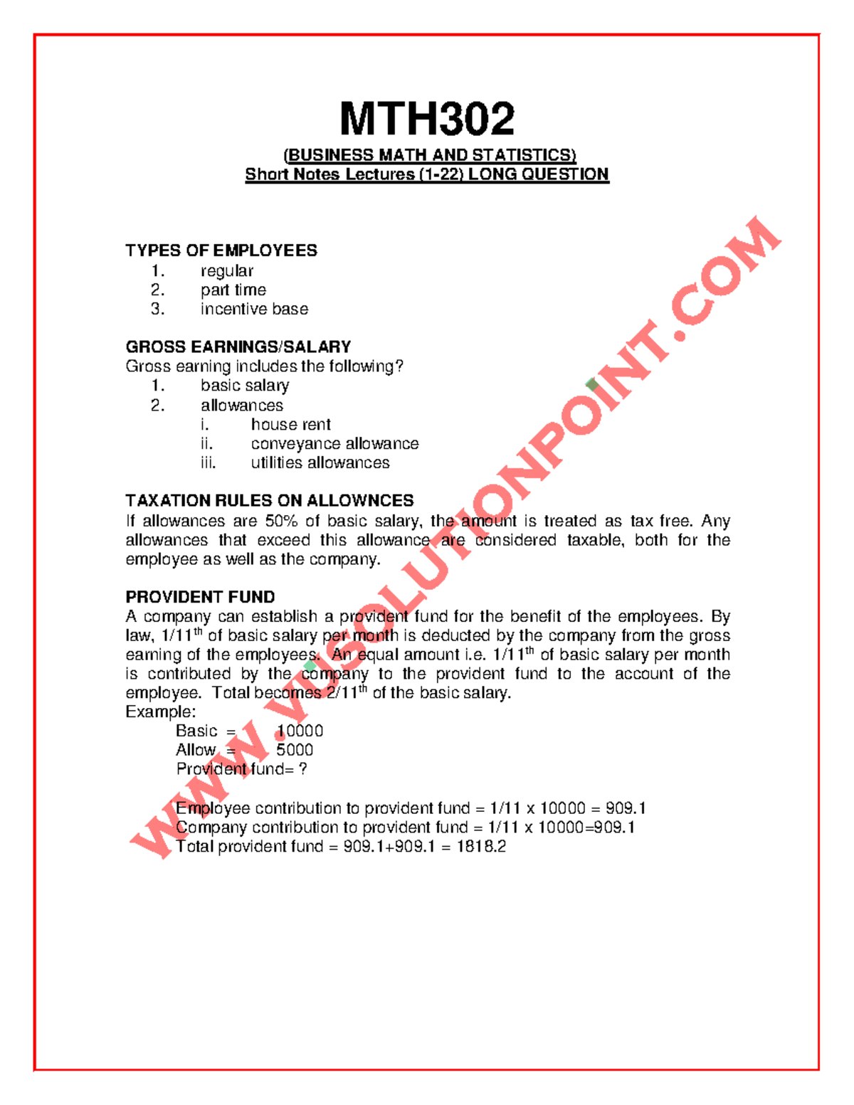 MTH302 Short Notes Lec 1 to 22 (vusolutionpoint - MT H (BUSINESS MATH ...
