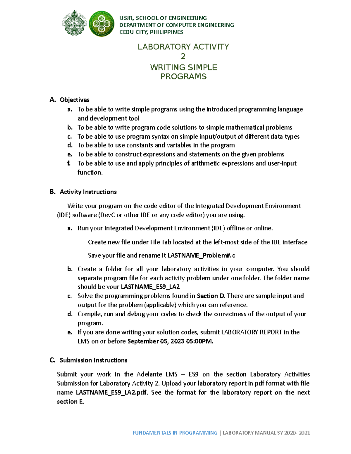 Lab2 Writing Simple Programs - USJR, SCHOOL OF ENGINEERING DEPARTMENT OF COMPUTER ENGINEERING ...
