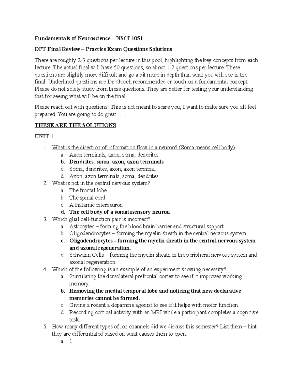 Final Exam Practice Ansrs - Fundamentals of Neuroscience – NSCI 1051 ...