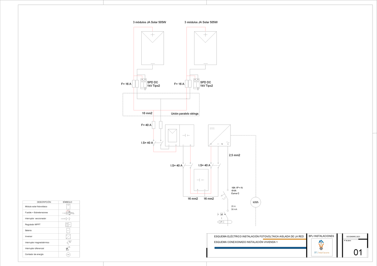 Esquema eléctrico instalación Vivienda 1 - 3 módulos JA Solar 505W ...