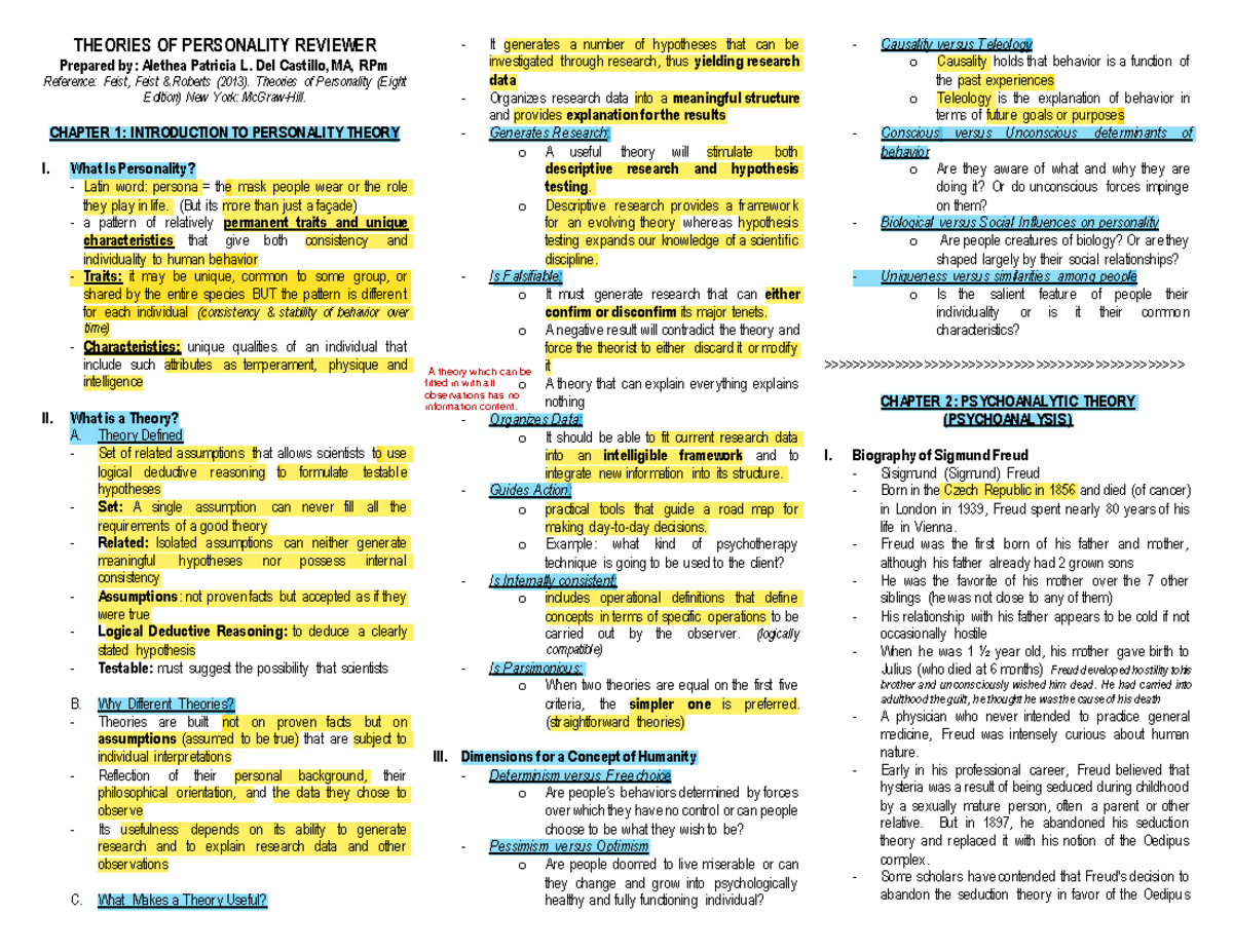 Theories of Personality - Summary - THEORIES OF PERSONALITY REVIEWER ...