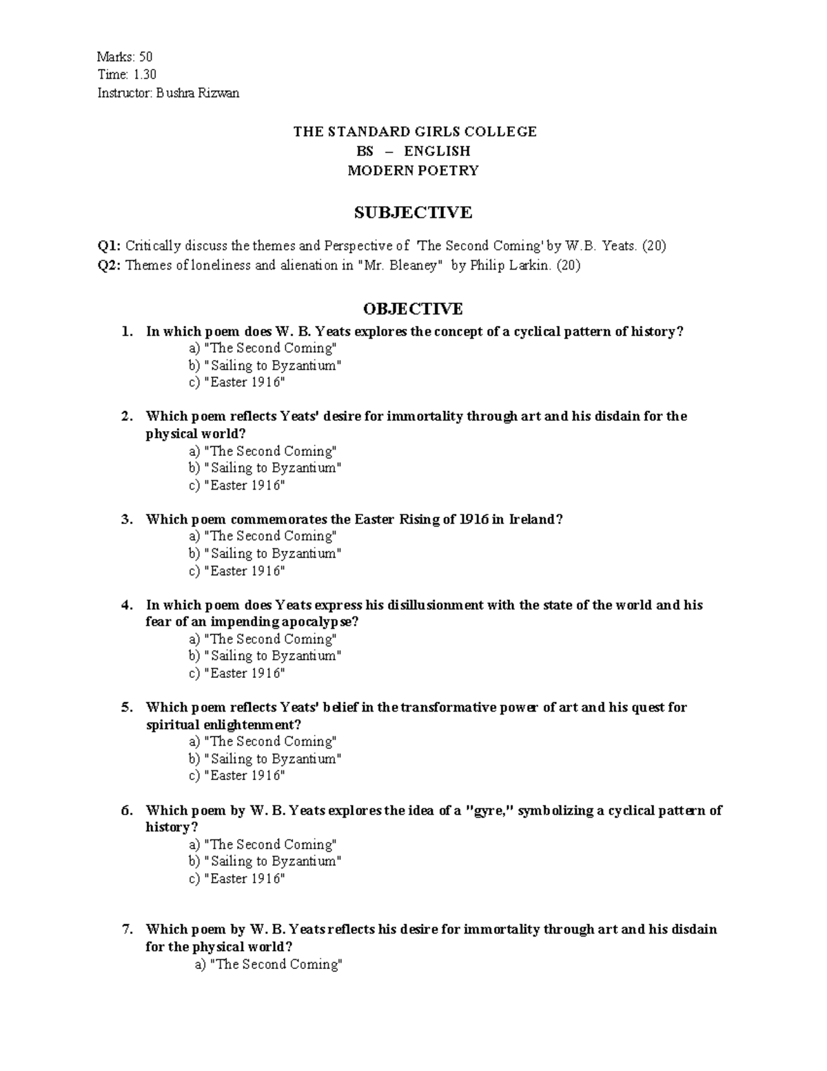 Modern Poetry - Marks: 50 Time: 1. Instructor: Bushra Rizwan THE ...