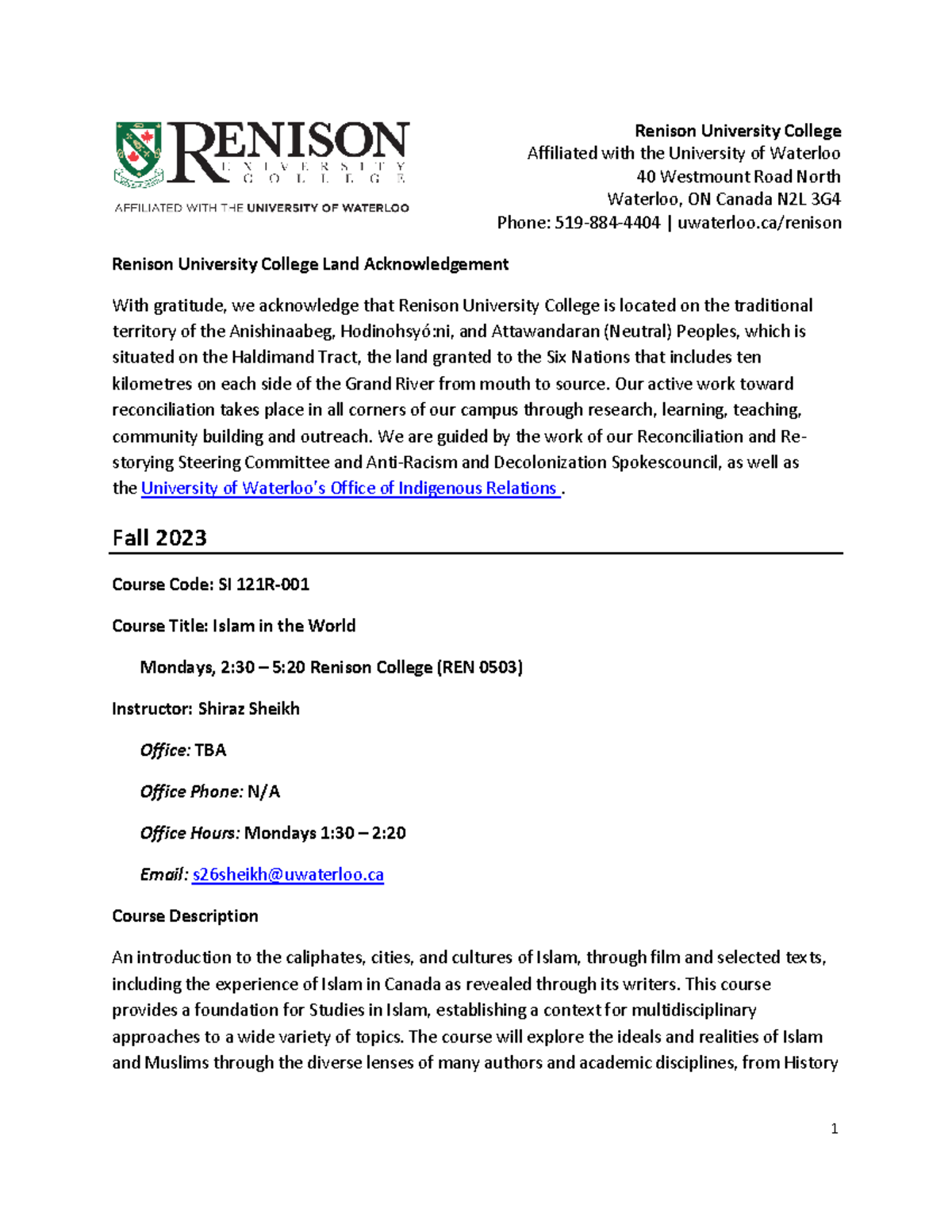 SI 121R - LEC 1 - Fall 2023 - Renison University College Affiliated ...
