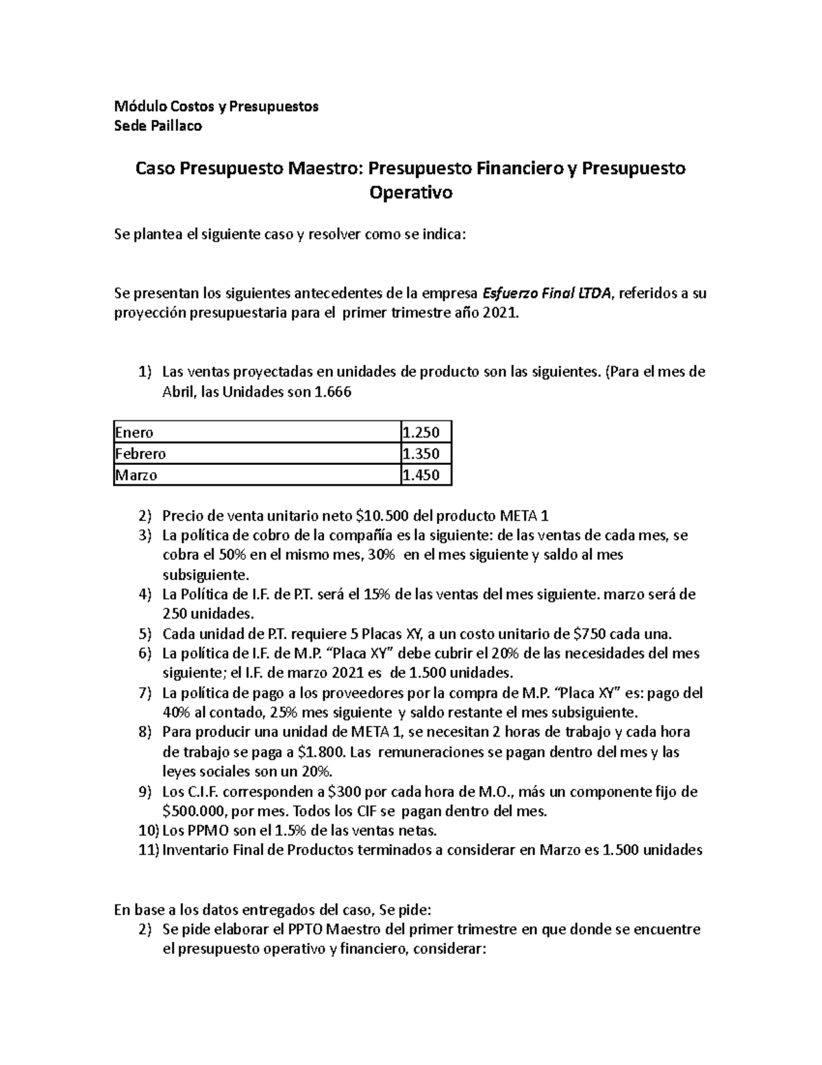 Caso 1 Presupuesto Maestro - Módulo Costos y Presupuestos Sede Paillaco Caso Presupuesto Maestro ...