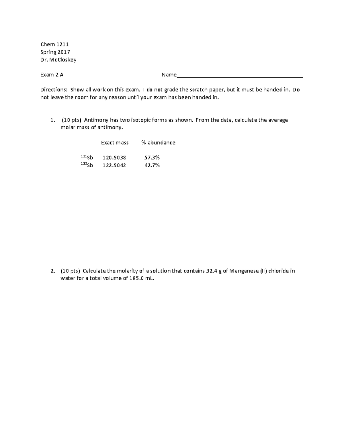 Chem 1211 Exam 2A Spr 17 - EXAM +KEY - Chem 1211 Spring 2017 Dr ...