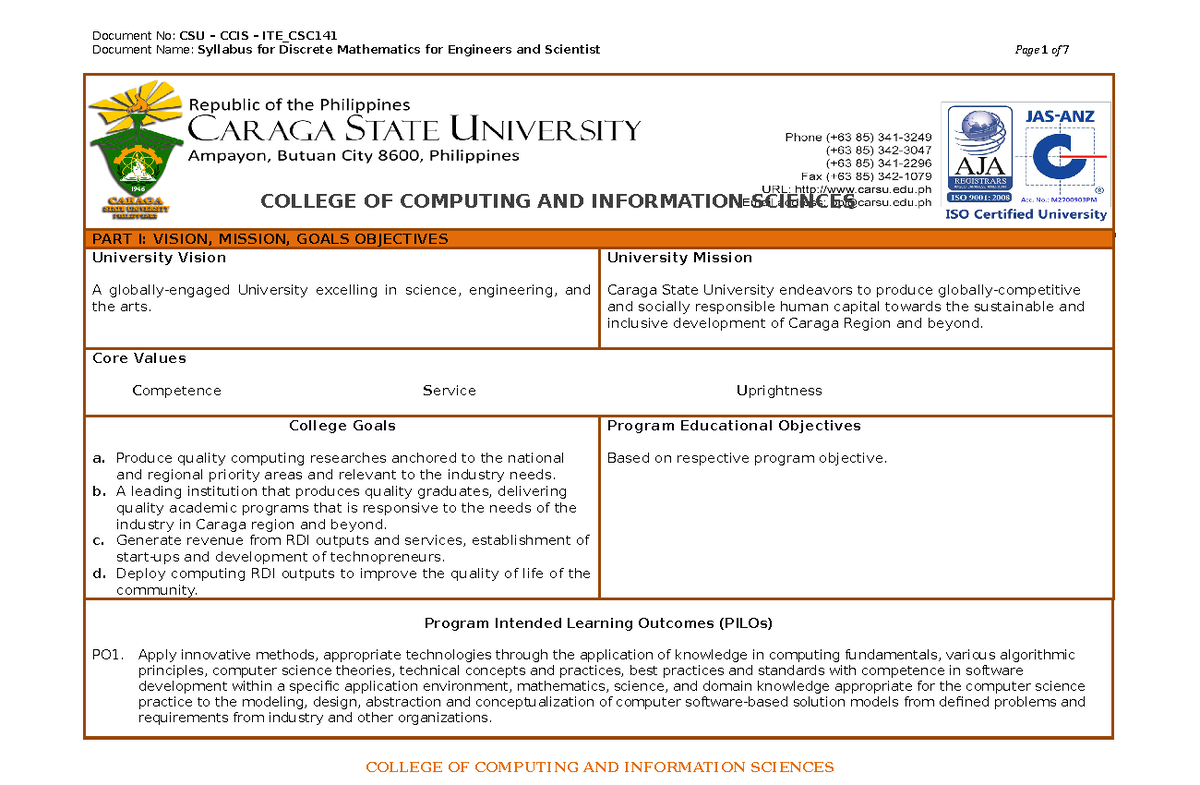 CSC 141 Syllabus 2019 - Document Name: Syllabus for Discrete Mathematics for Engineers and ...
