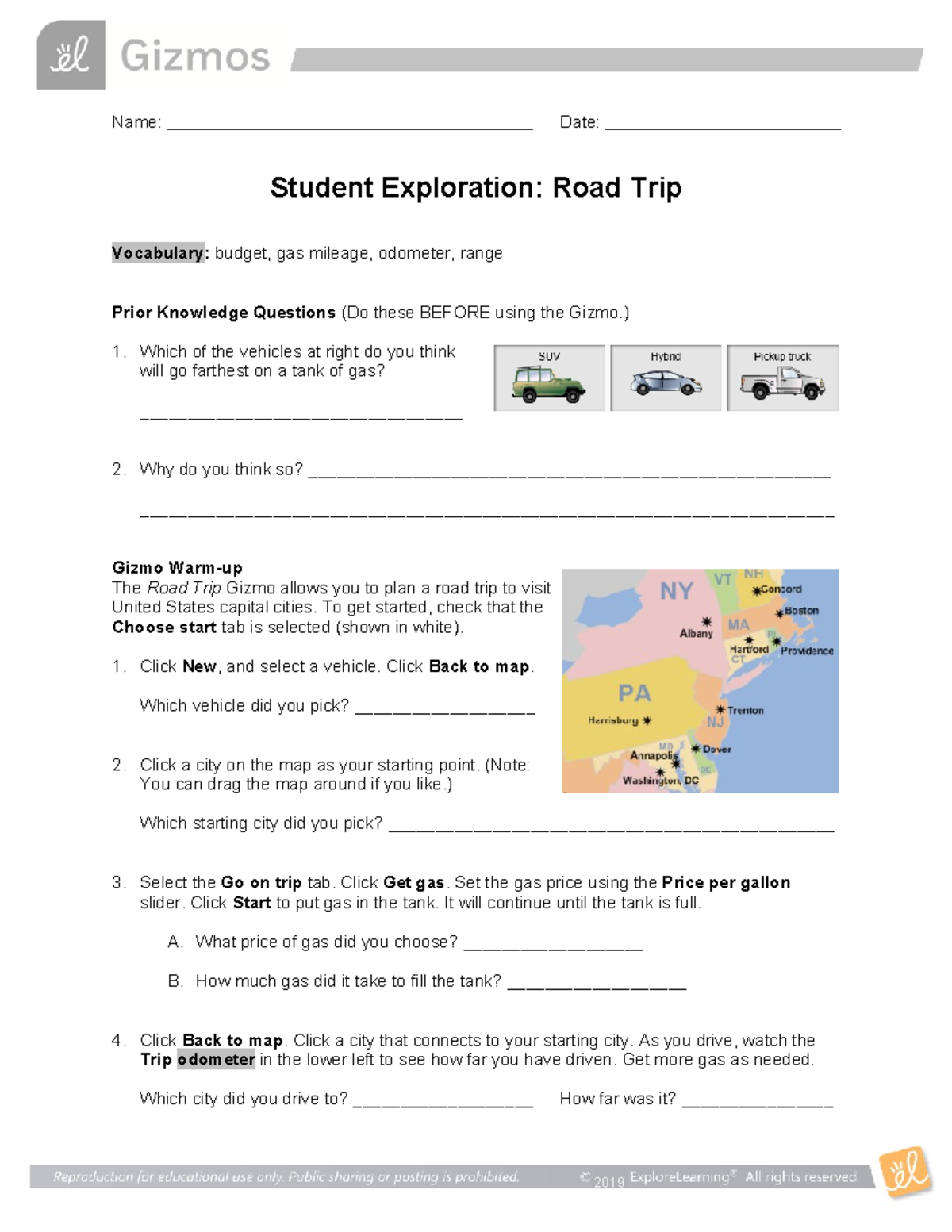 Road Trip SE - Name: Date: Student Exploration: Road Trip Vocabulary ...
