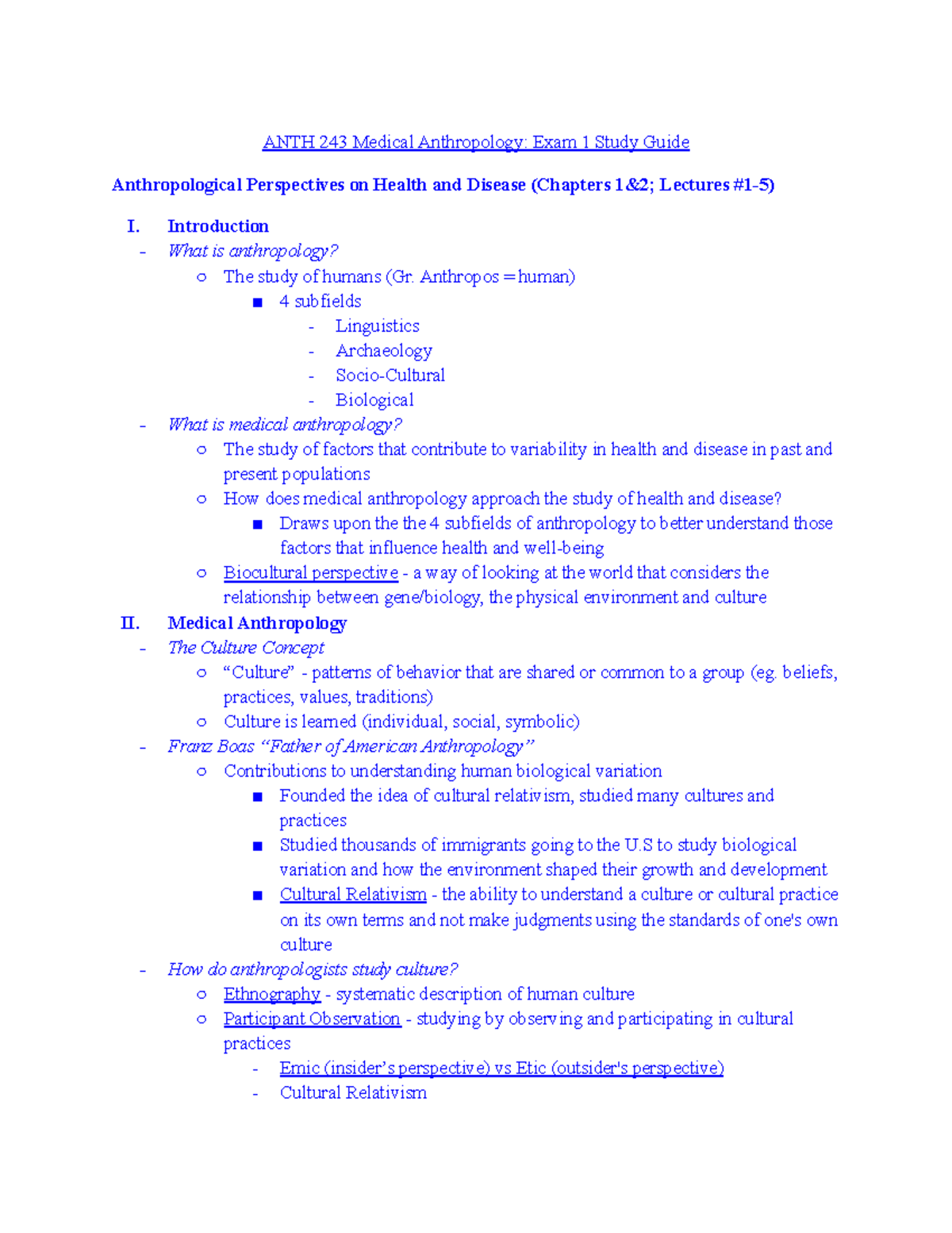 Med Anth Exam 1 Study Guide - ANTH 243 Medical Anthropology: Exam 1 ...