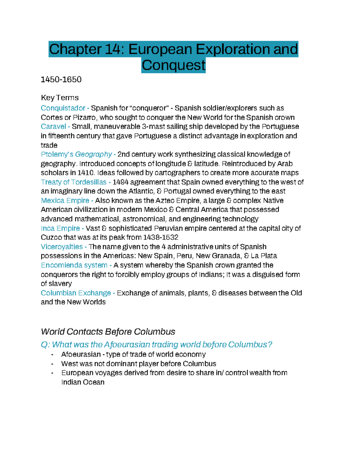 Chapter 14: European Exploration and Conquest - Chapter 14: European ...