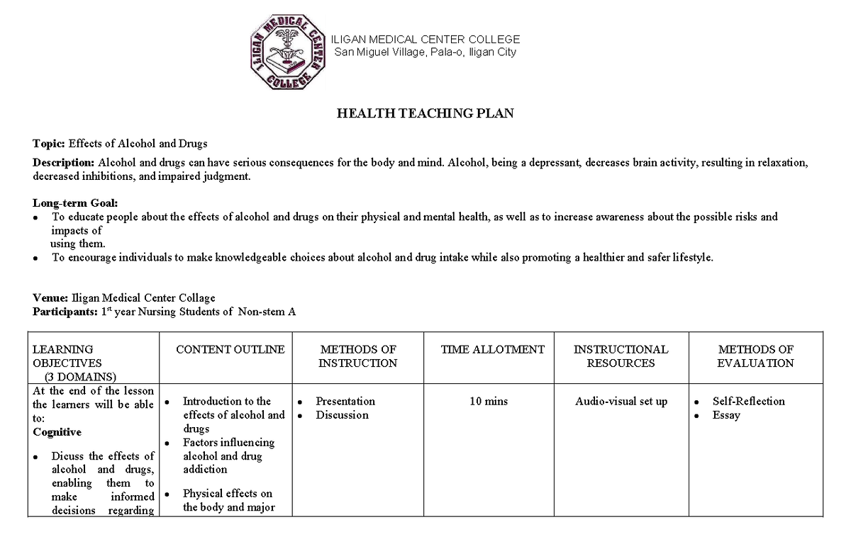 HTP - HEALTH TEACHING PLAN SAMPLE - ILIGAN MEDICAL CENTER COLLEGE San ...