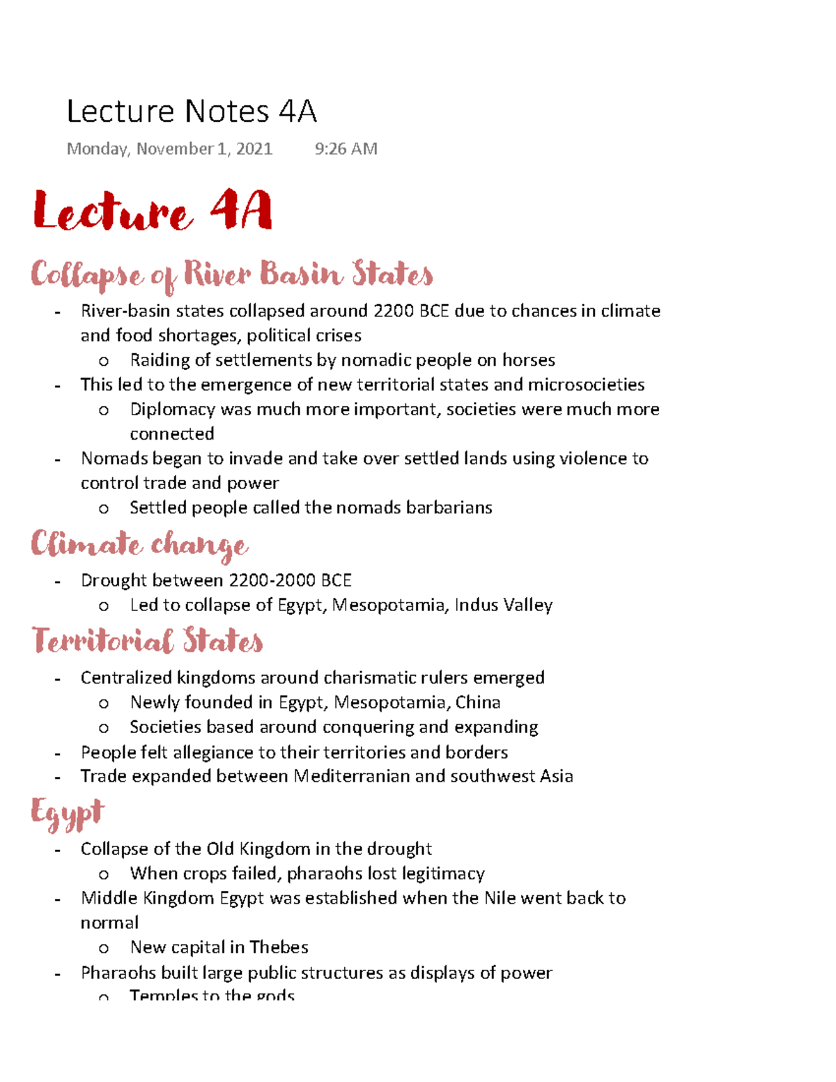 History 20 - Week 4 Lecture 1 - Lecture Notes 4A Monday, November 1 ...