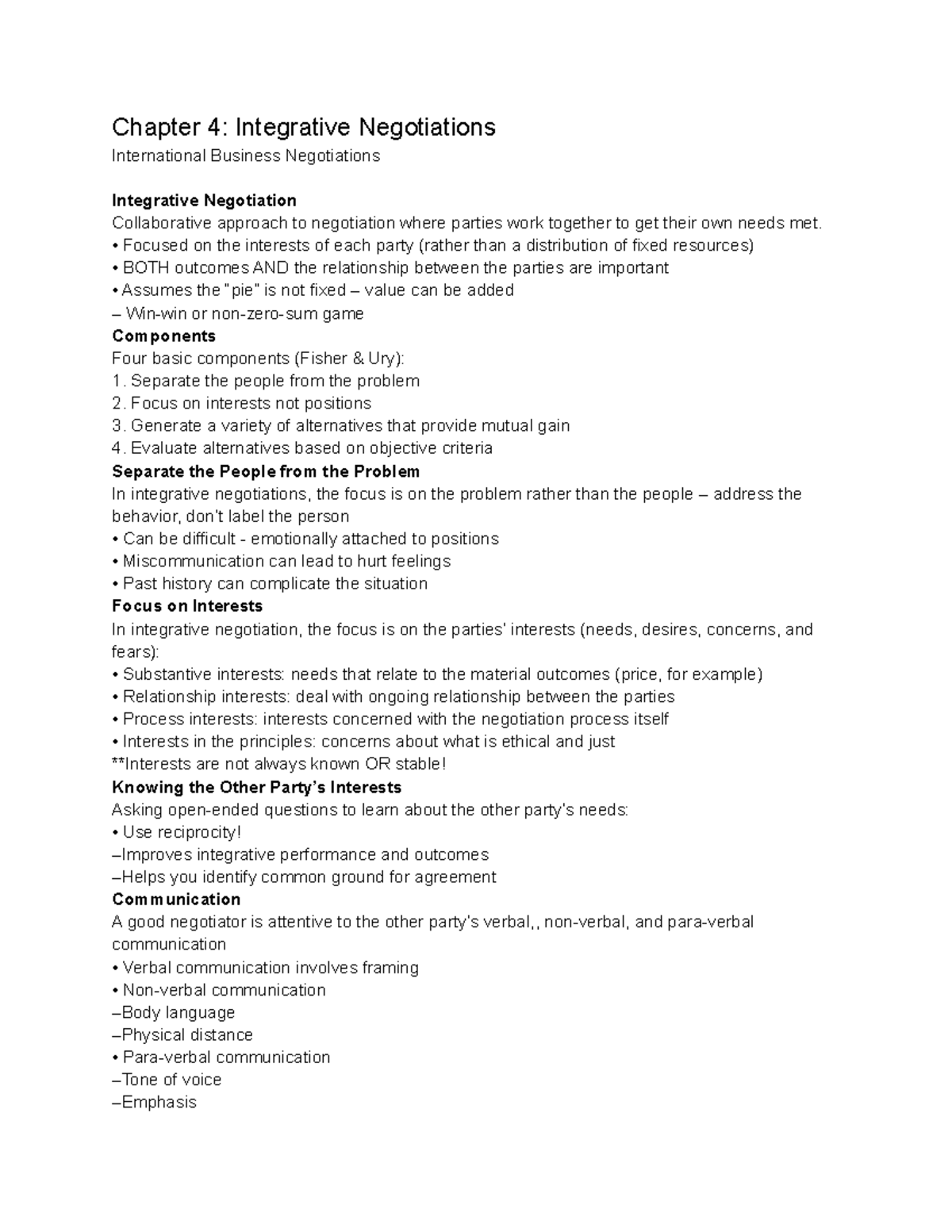 MAN 3442 Chapter 4 - Chapter 4: Integrative Negotiations International Business Negotiations ...