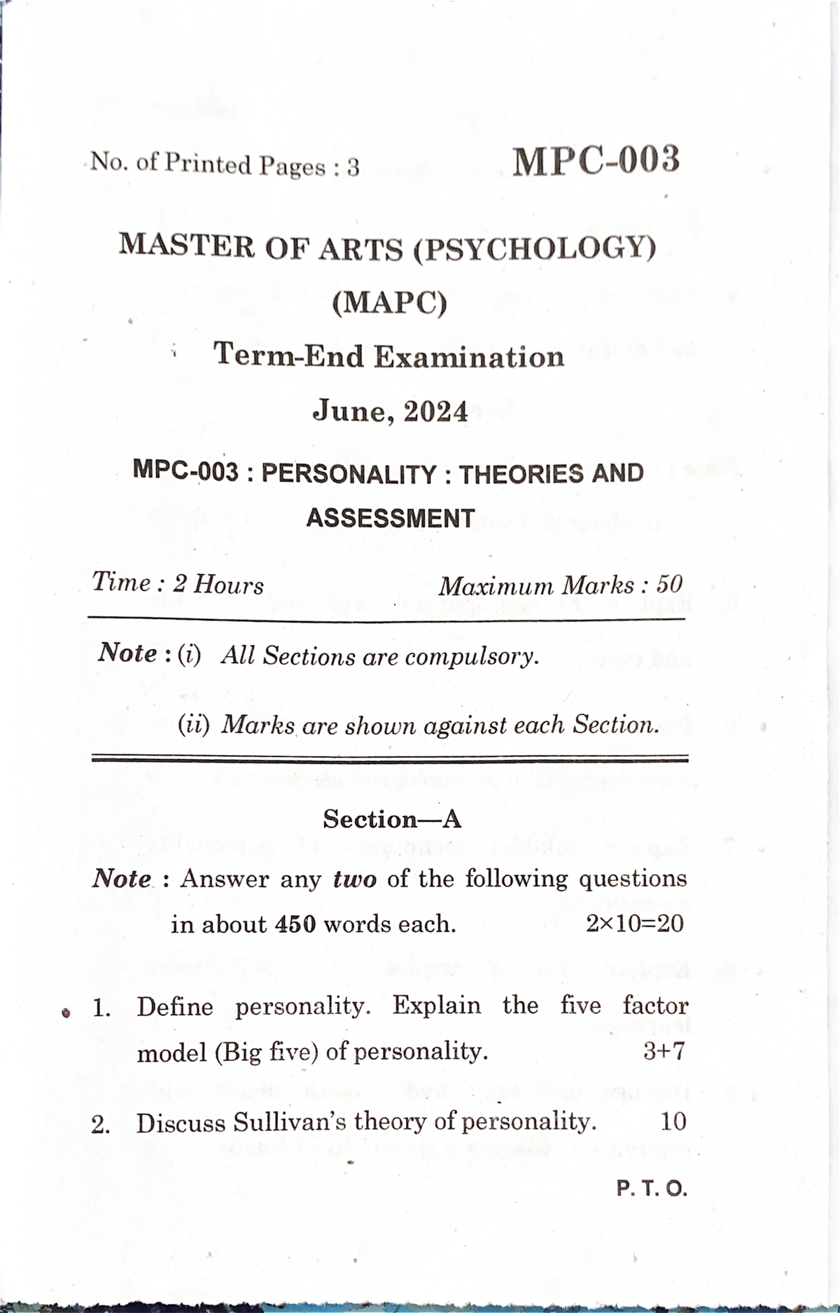 MPC 003 June 2024 Exam Question Paper - No. of Printed Pages : 3 MASTER OF ARTS (PSYCHOLOGY ...