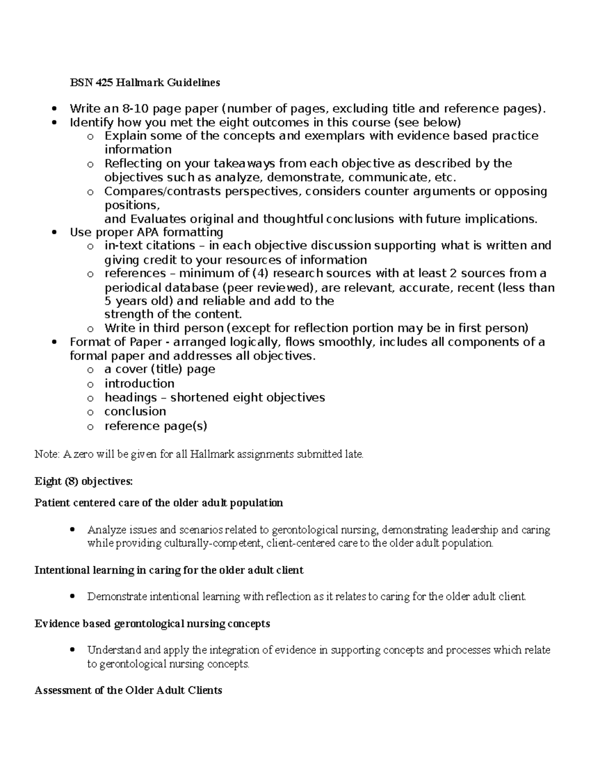 BSN 425 Hallmark Guidelines - BSN 425 Hallmark Guidelines Write an 8-10 ...