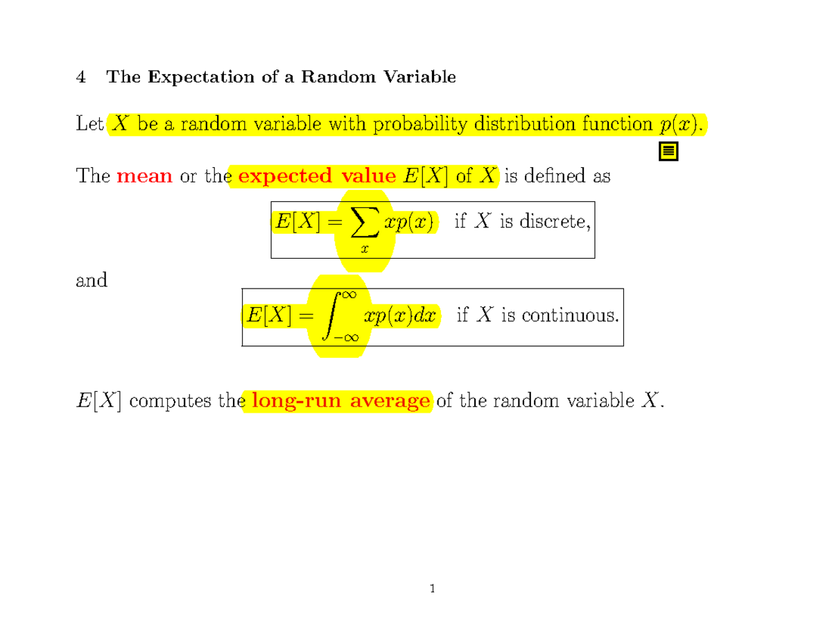 Part2-5 - Part 2 Probability and Distributions - 4 The Expectation of a Random Variable Let X be ...