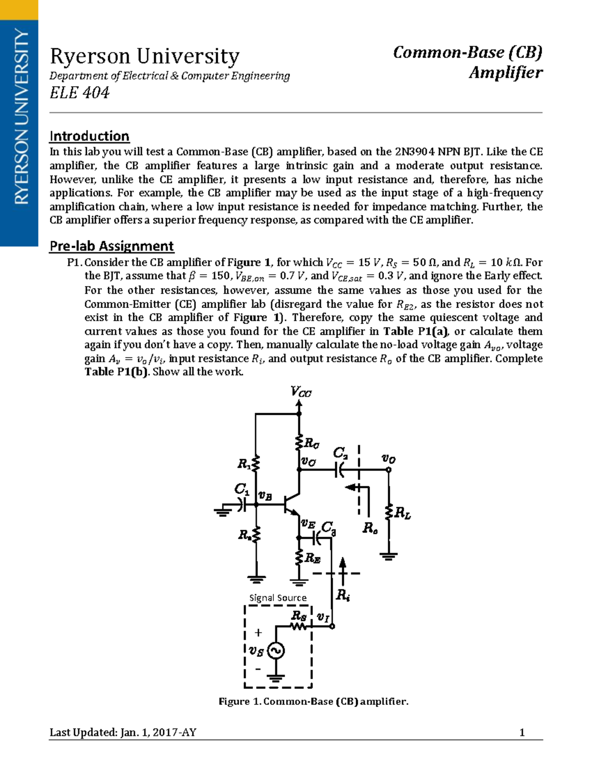 ELE404 Lab 6 Common Base Amplifier - Last Updated: Jan. 1, 2017-AY 1 ...